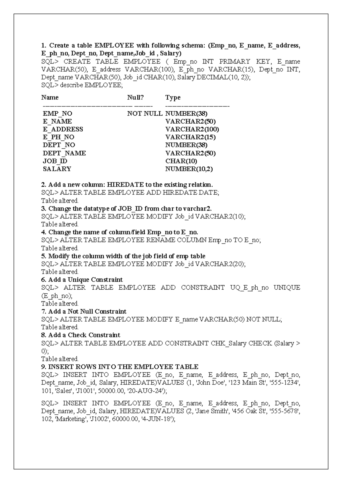 1 - LAB MANUAL - Create a table EMPLOYEE with following schema: (Emp_no ...