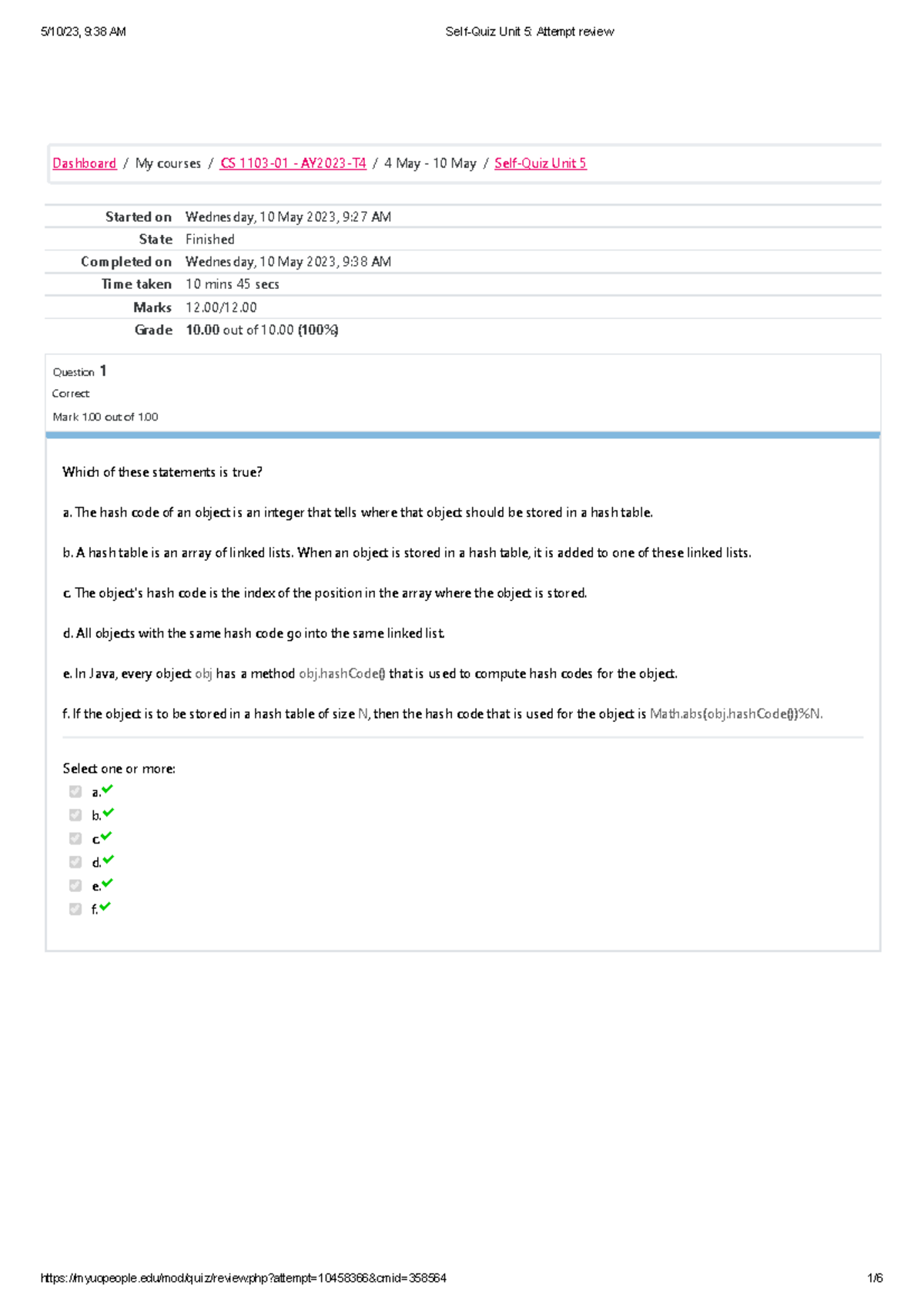 Self-Quiz Unit 5n Attempt review - Started on Wednesday, 10 May 2023, 9 ...