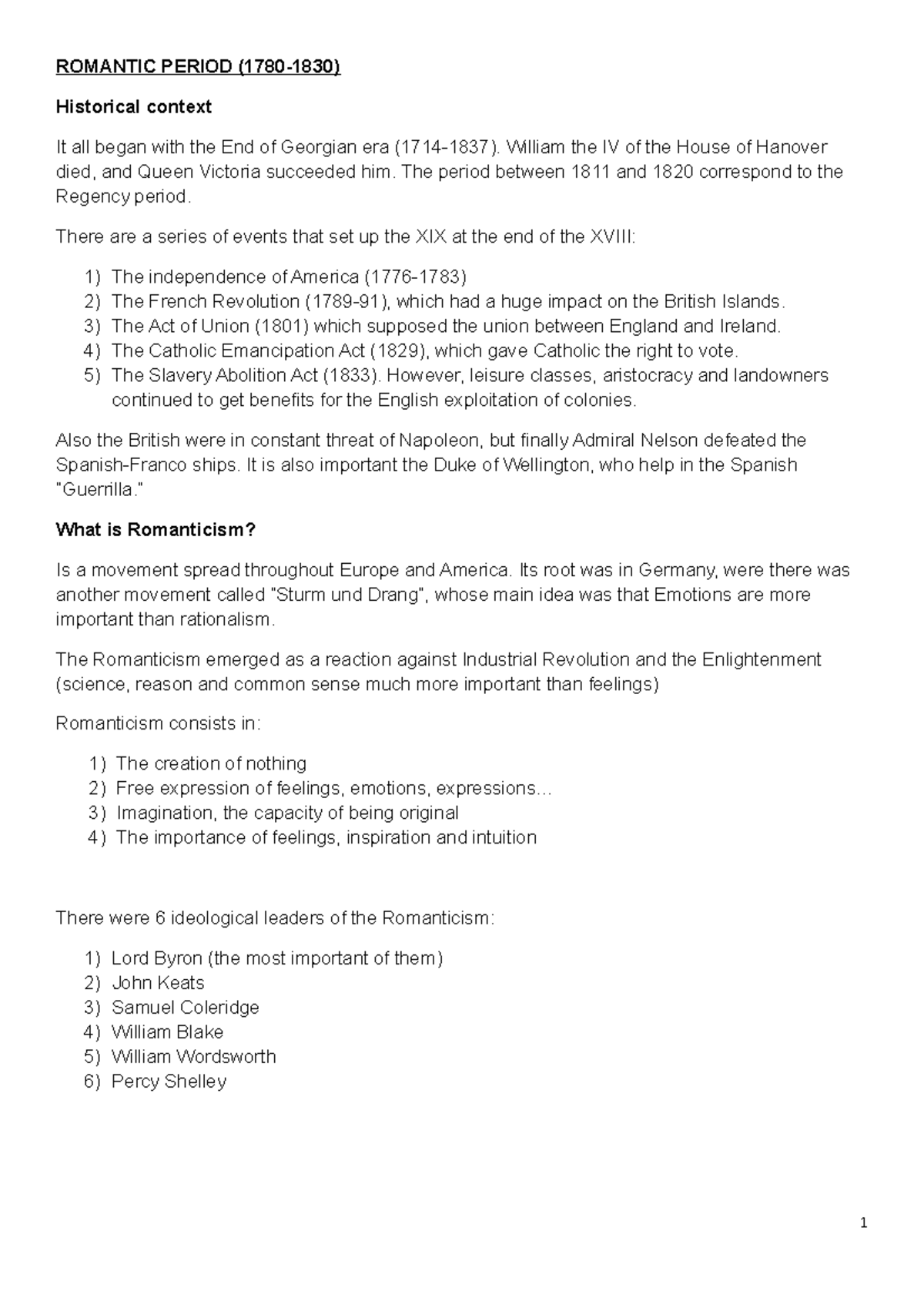 Literatura Inglesa 1800 - 1900 - ROMANTIC PERIOD Historical context It ...