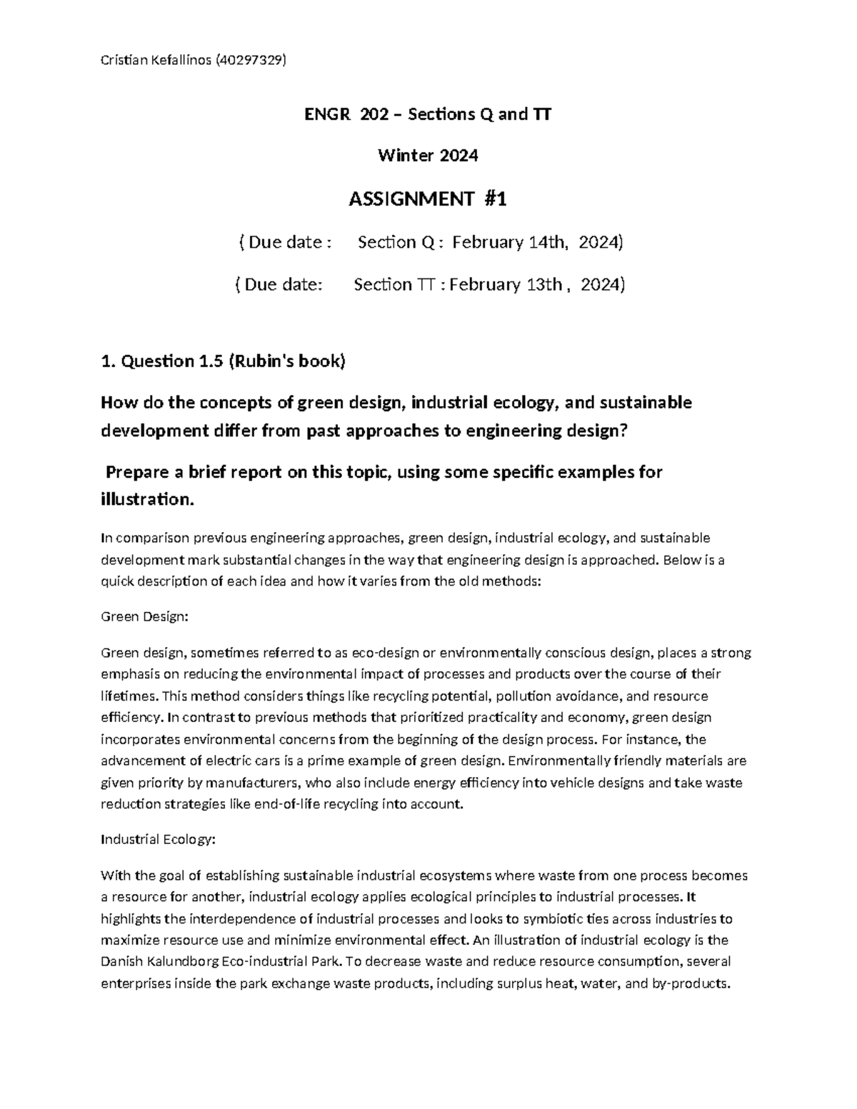 Assignment 1 202 - ENGR 202 – Sections Q and TT Winter 2024 ASSIGNMENT ( Due date : Section Q ...