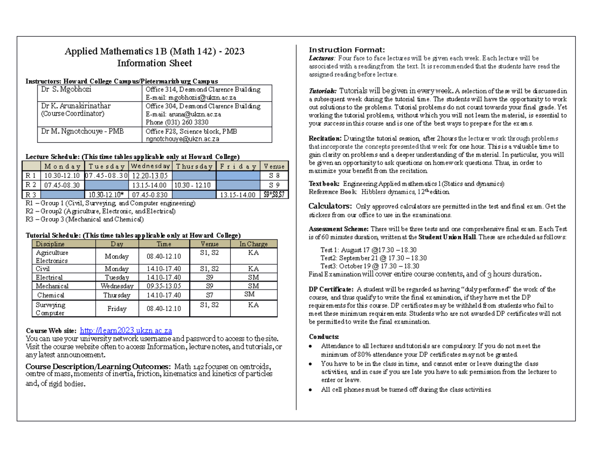 MATH142-Information sheet - Applied Mathematics 1B (Math 142) - 2023 ...