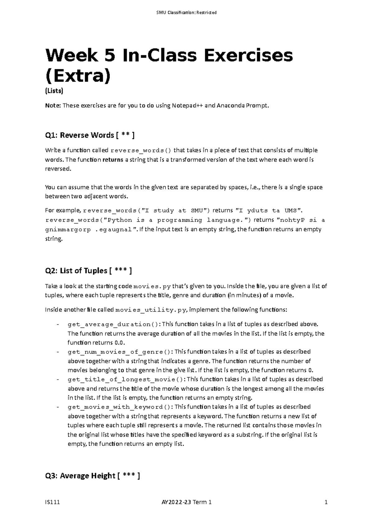 Week 2 In-Class Exercises (Extra) (v1 - Week 5 In-Class Exercises (Extra) (Lists) Note: These ...