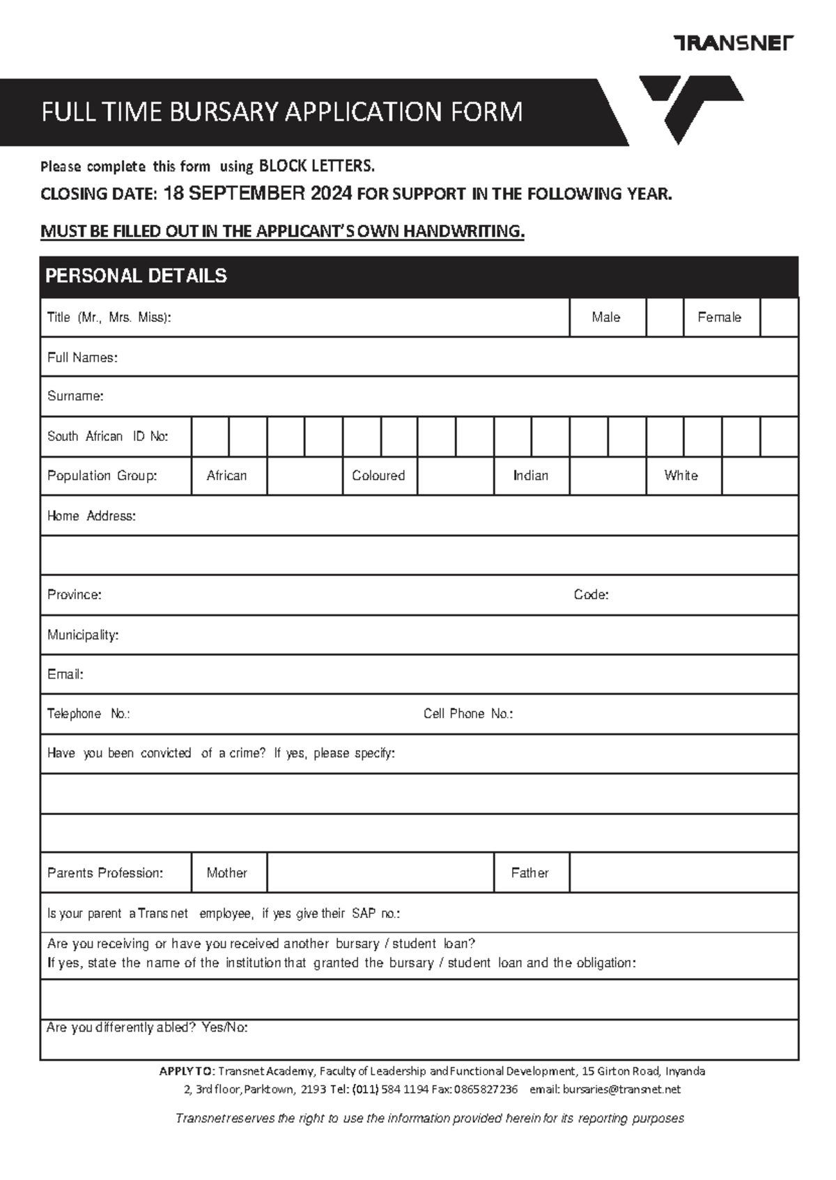 Transnet Bursary Application Form 2025 - APPLY TO: Transnet Academy ...