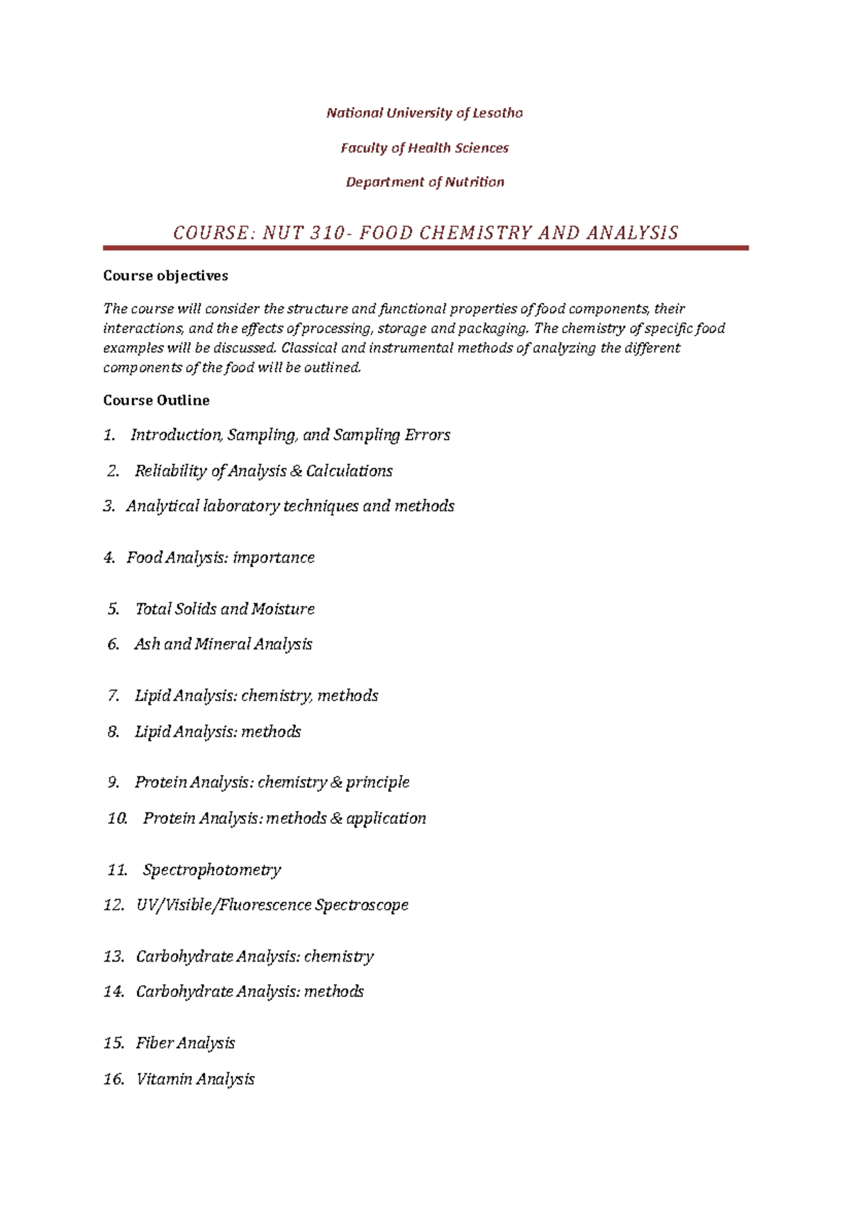 Food Chemistry and Analysis course outline - National University of ...
