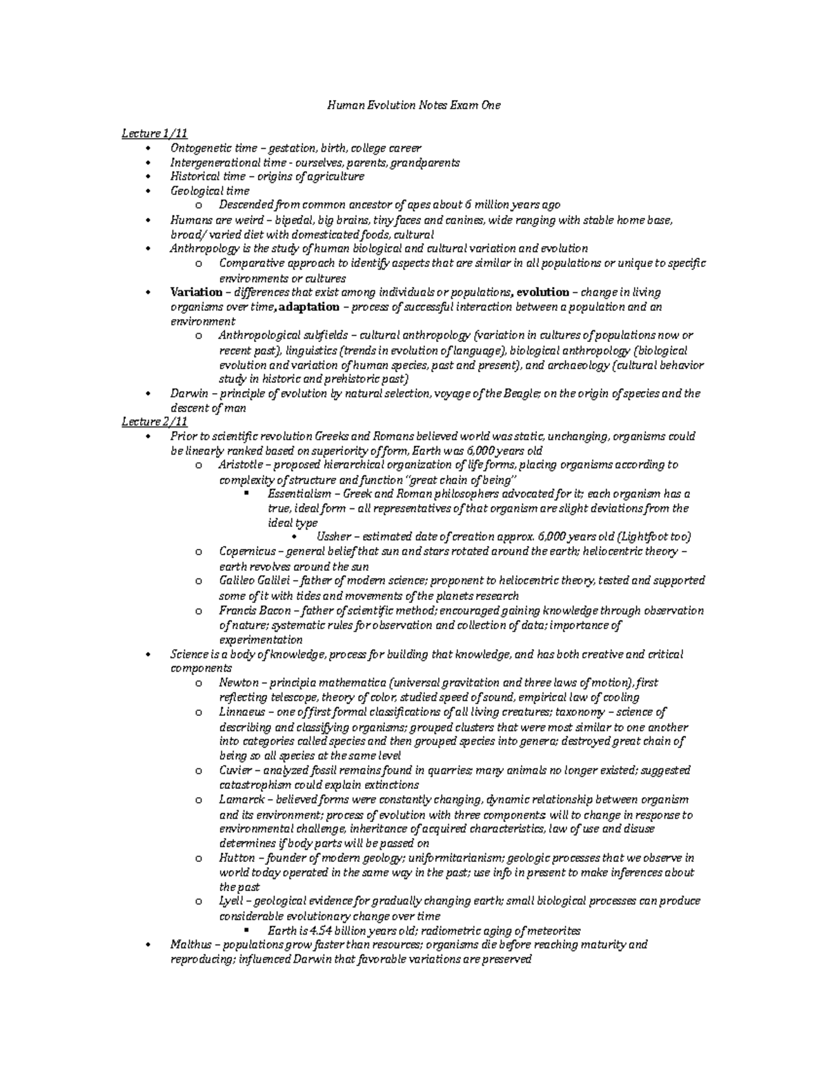 He exam1 - Lecture notes Unit 1 - Human Evolution Notes Exam One ...