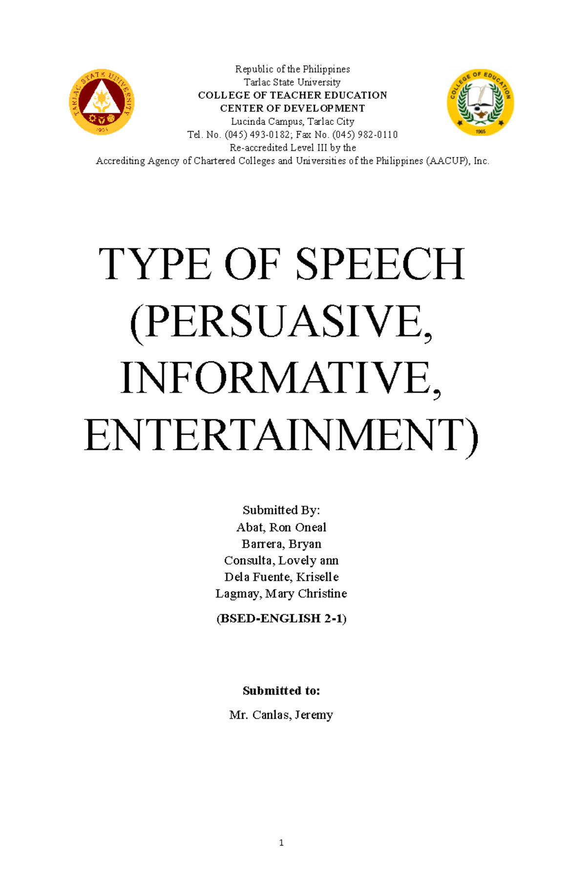 EDUC 202 Final Paper - for tsu students only! - TYPE OF SPEECH ...