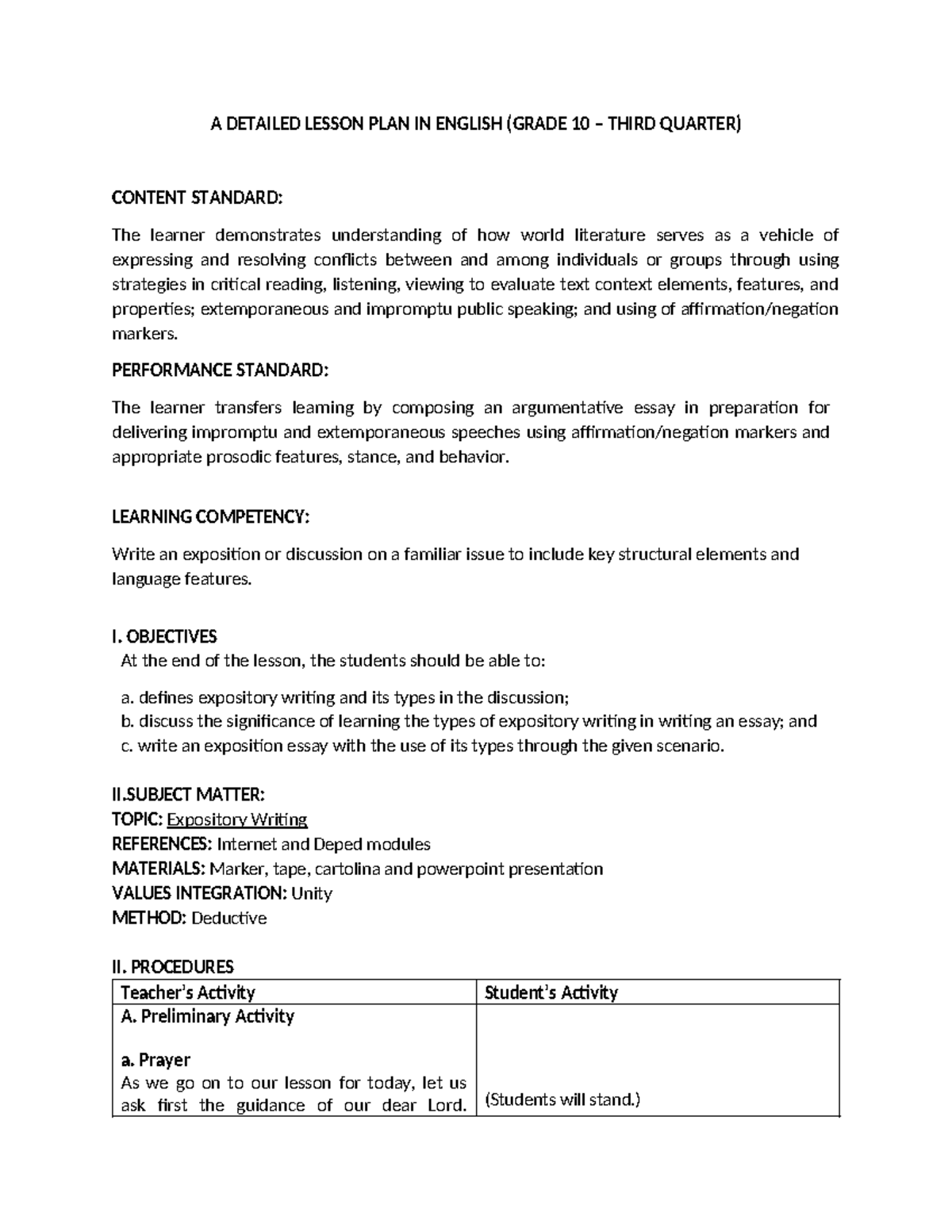 A Detailed Lesson PLAN IN English Grade 10 - A DETAILED LESSON PLAN IN ...