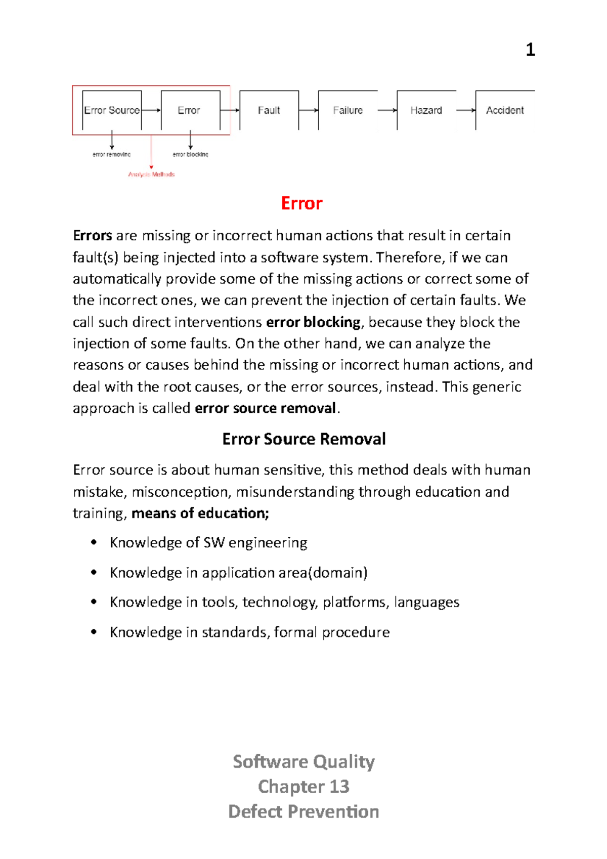 Software Quality - Chapter 13 - Defect Prevention - 1 Error Errors are ...