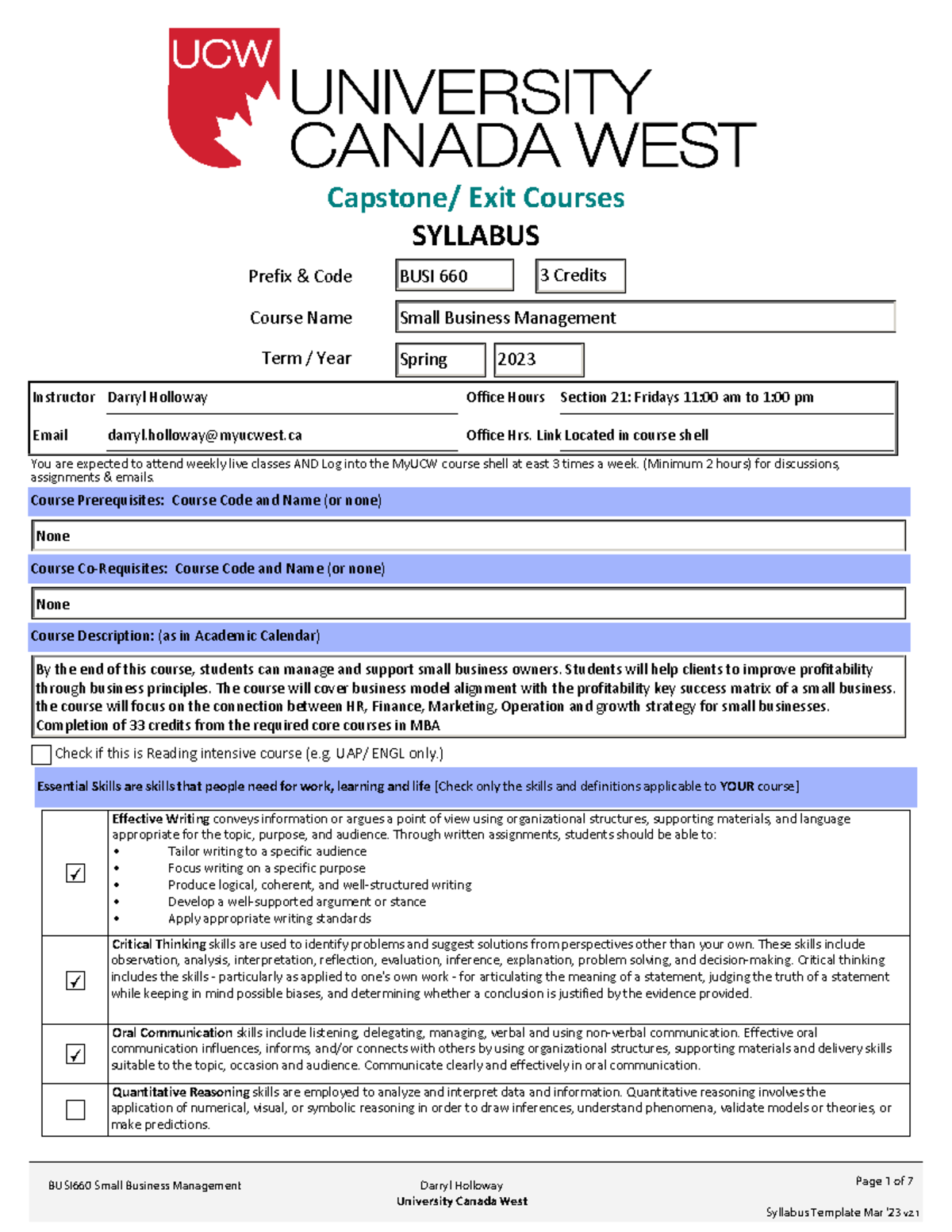 Exit Courses SYLLABUS 3 Credits Prefix Code BUSI 660 Course Name Small ...