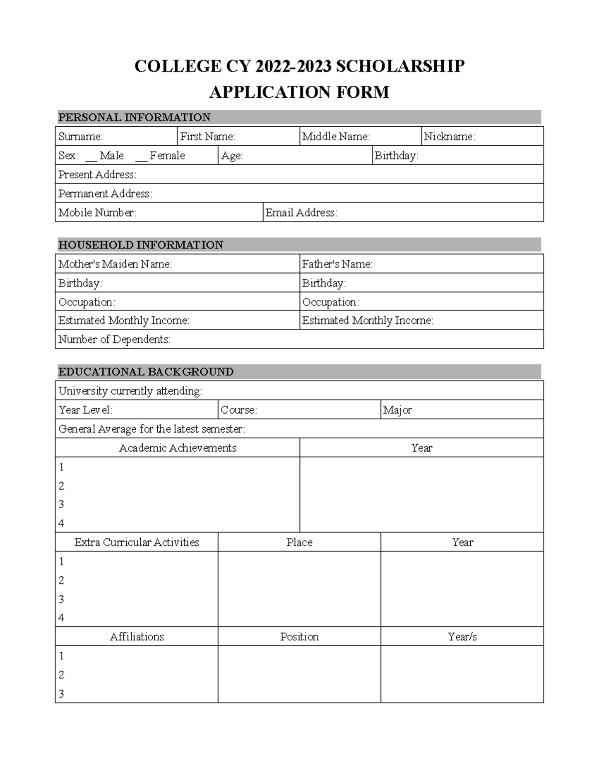 College - COLLEGE CY 2022-2023 SCHOLARSHIP APPLICATION FORM PERSONAL ...