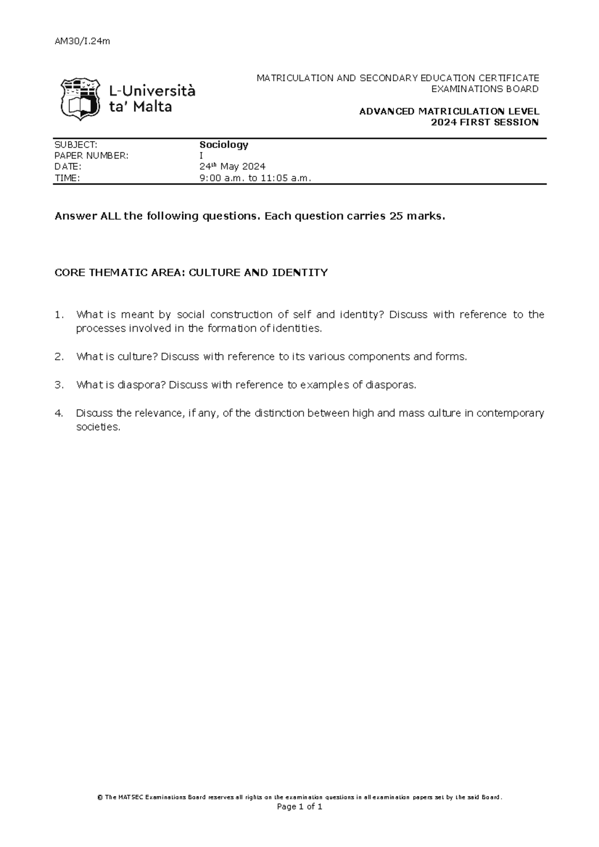 AMSociology 1st Session 2024 - AM30/I © The MATSEC Examinations Board ...