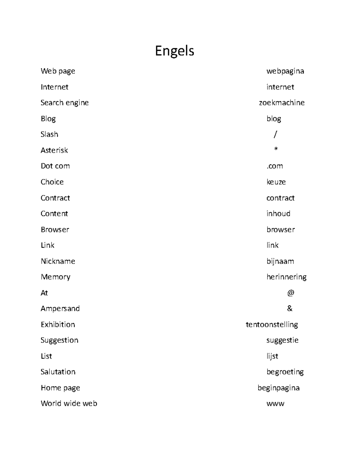 Engels woordenlijst - Engels Web page webpagina Internet internet ...
