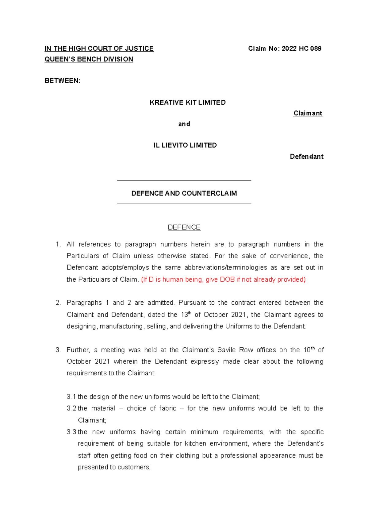 Defence and Counterclaim (KKL:ILL) - IN THE HIGH COURT OF JUSTICE Claim ...