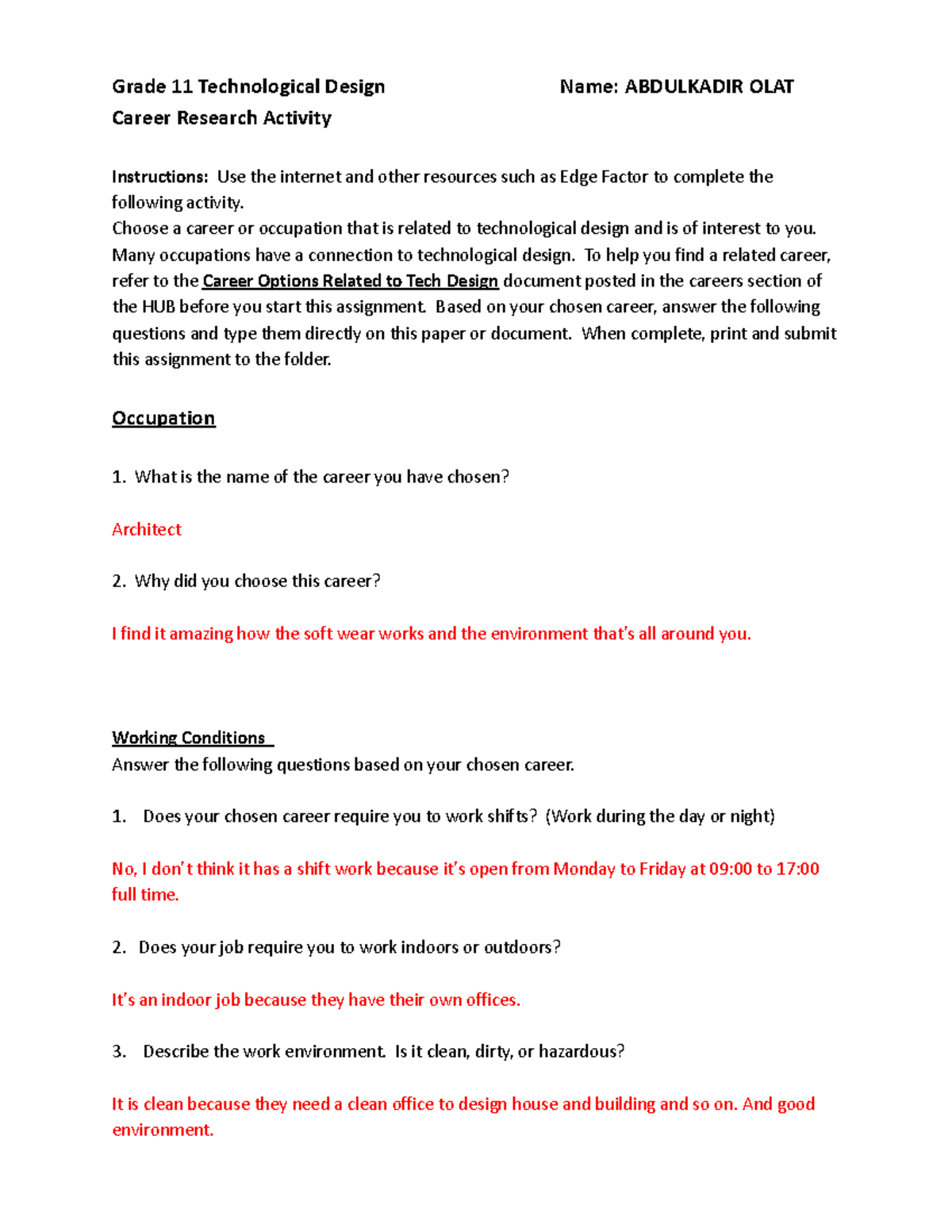 Grade 11 Tech Design Career Research Activity 2023 - Grade 11 ...