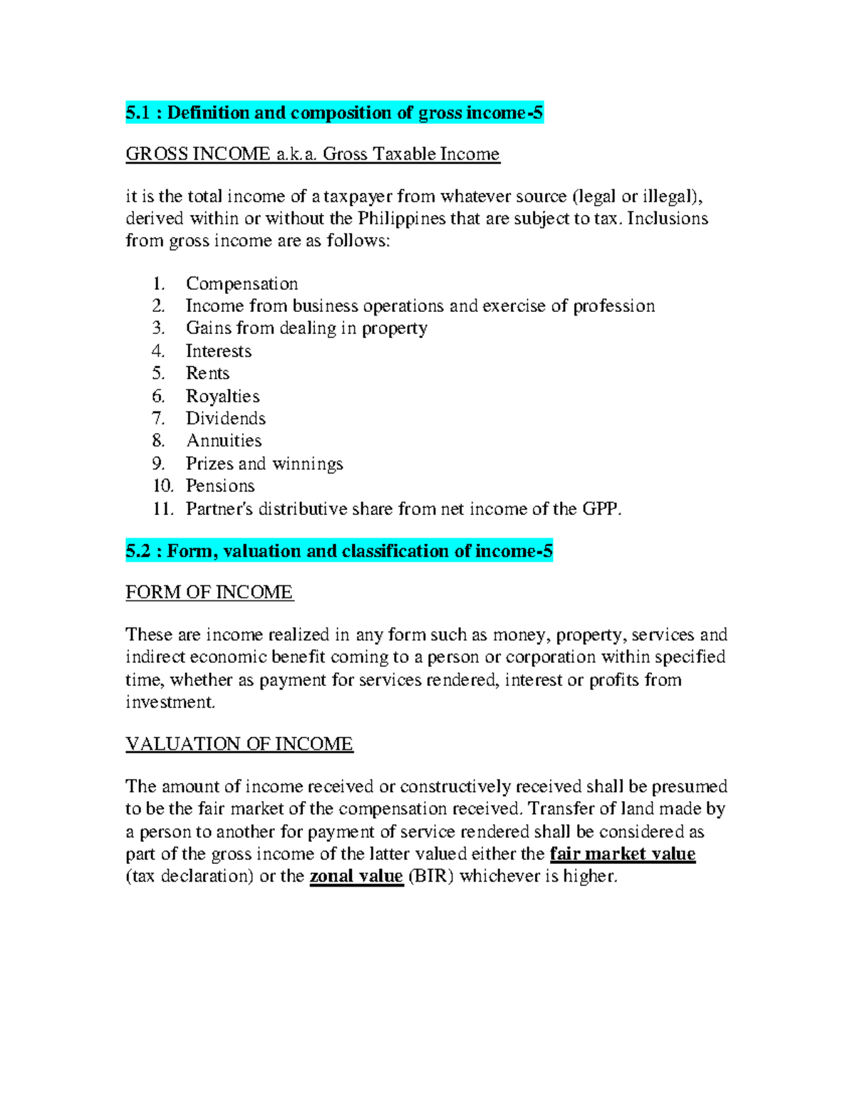 Income Taxation Final Notes - 5 : Definition and composition of gross ...