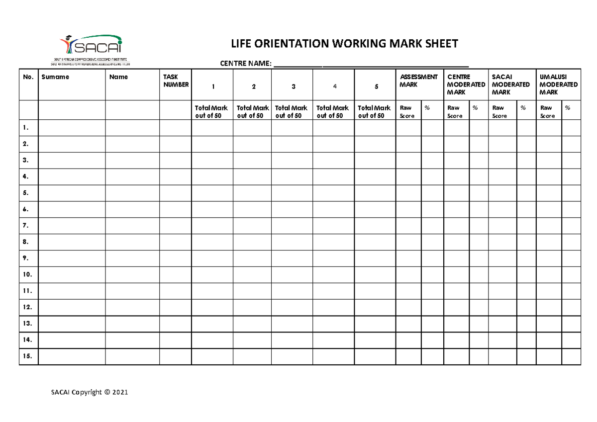 Working Mark sheet - Life Orientation - SACAI Copyright © 2021 LIFE ...