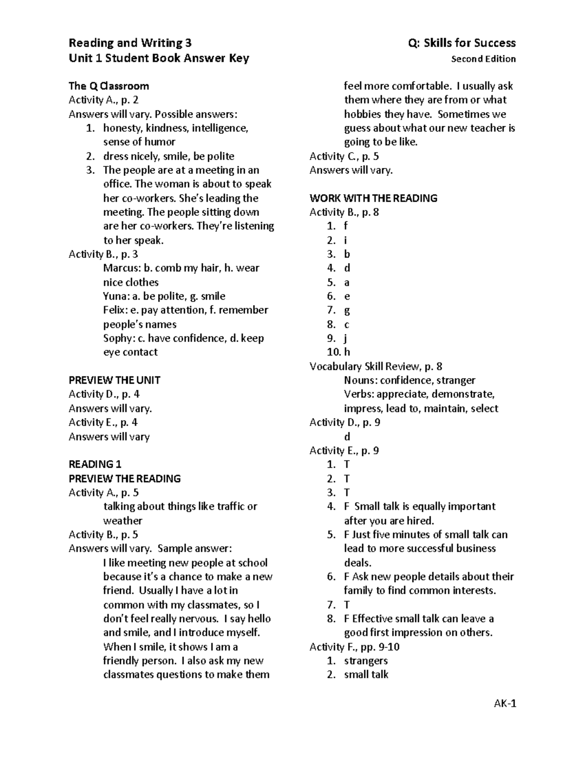 U01 answerkey reading 1 - Reading and Writing 3 Q: Skills for Success ...