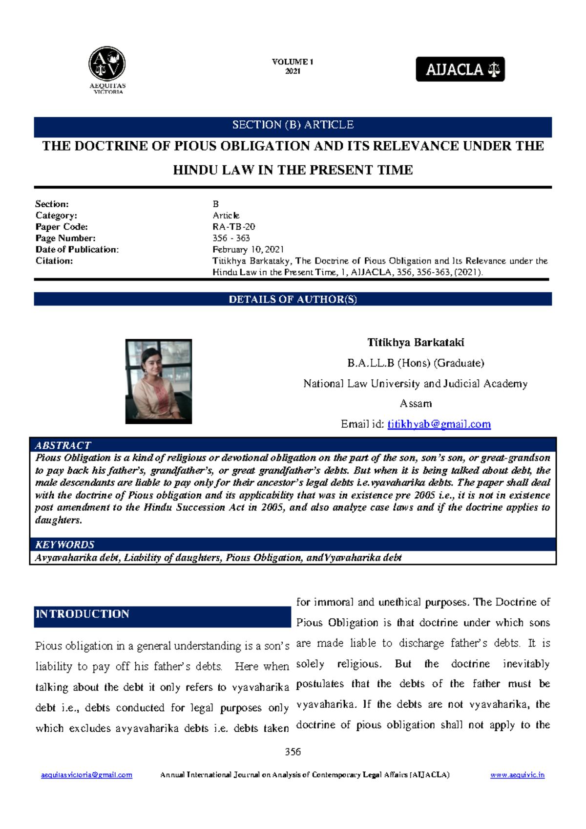 Article 26 - 2021 356 SECTION (B) ARTICLE THE DOCTRINE OF PIOUS ...