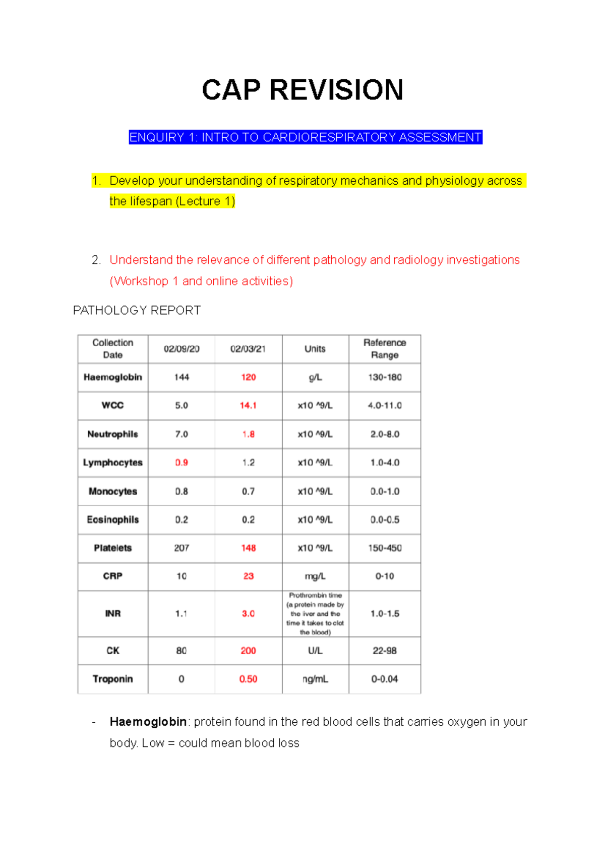 CAP Revison - ENQUIRY 1: INTRO TO CARDIORESPIRATORY ASSESSMENT EXAM ...