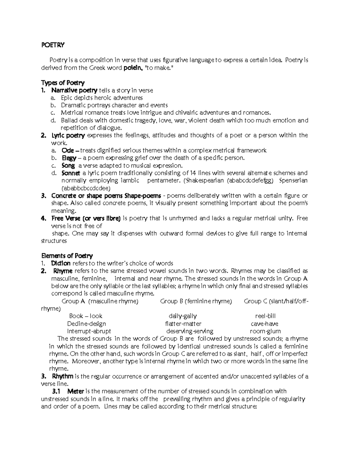 Poetry - Lecture notes 1-10 - POETRY Poetry is a composition in verse ...