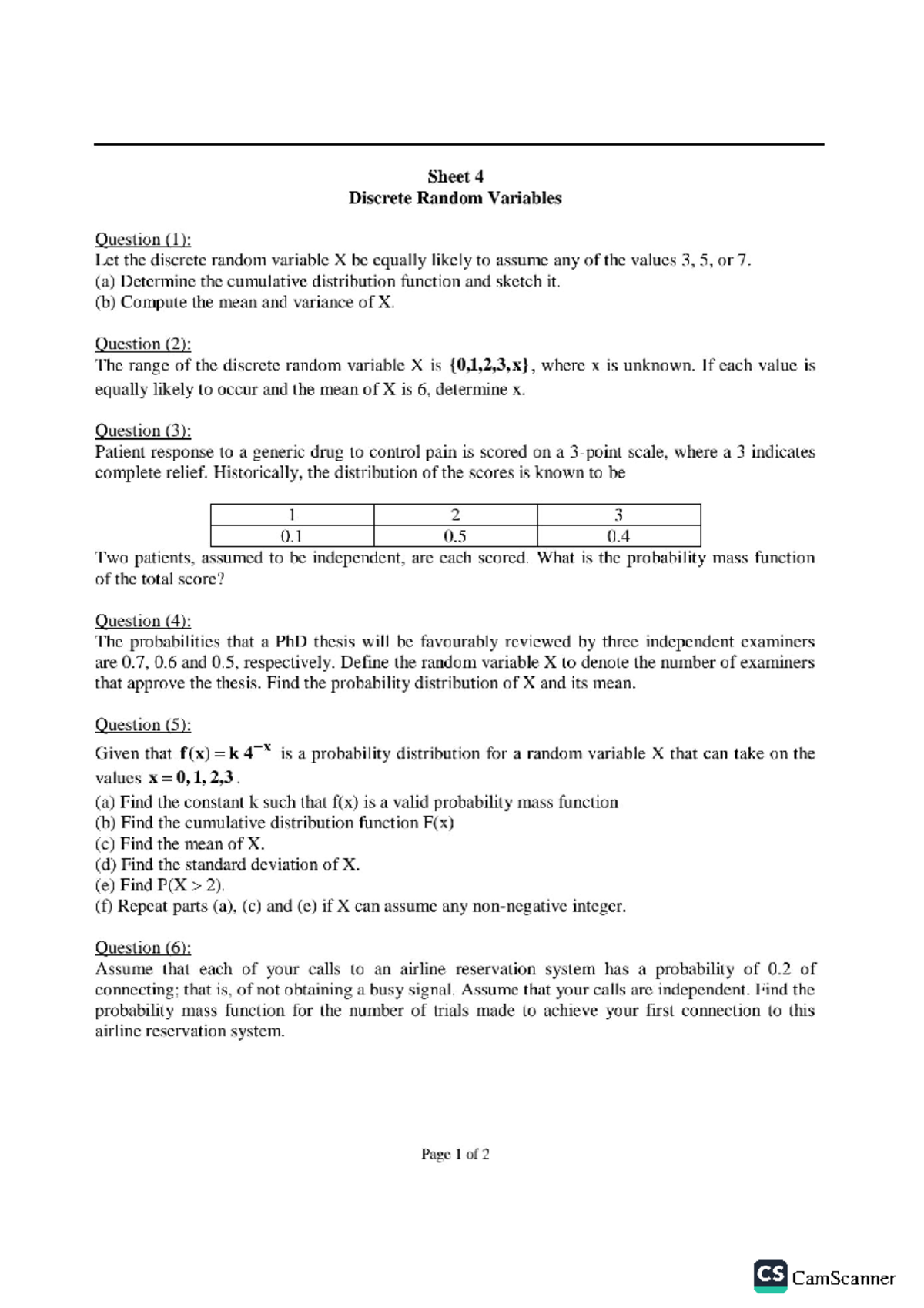 Sheet 4 questions - Discrete random variables - Probabilities and ...