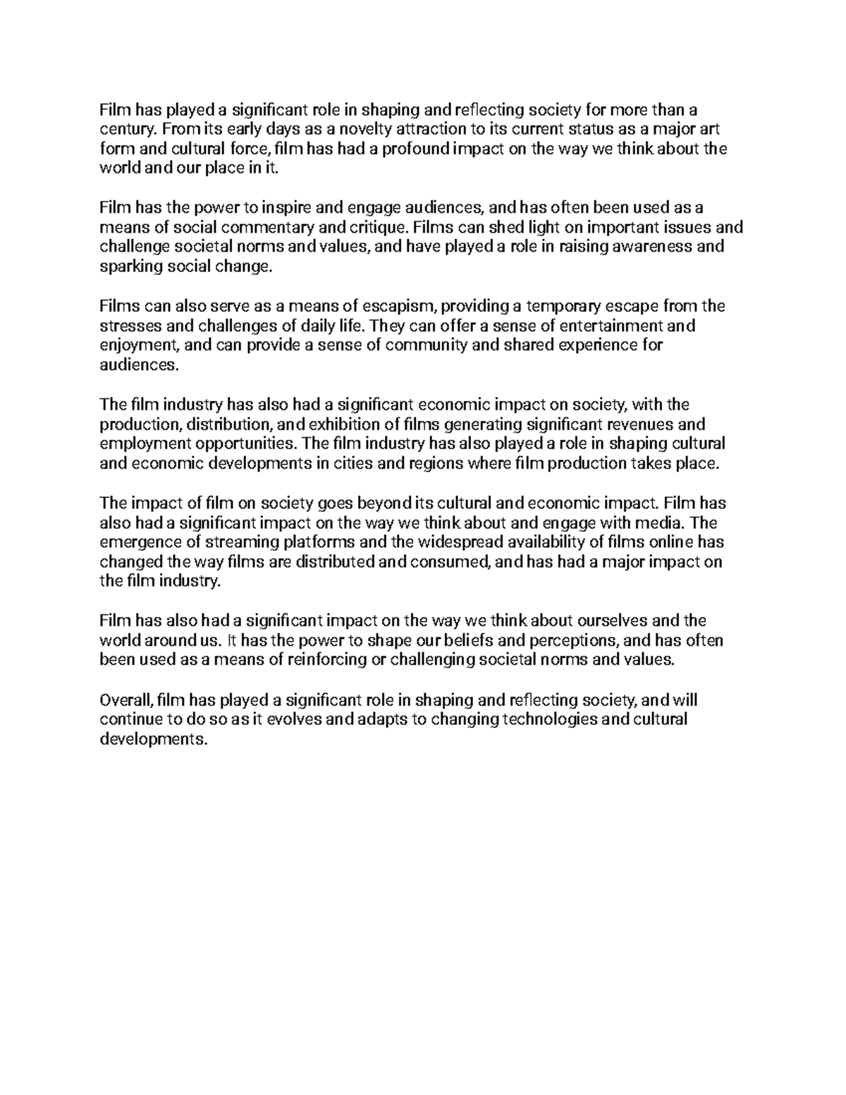 Intro to film and society - Film has played a significant role in ...