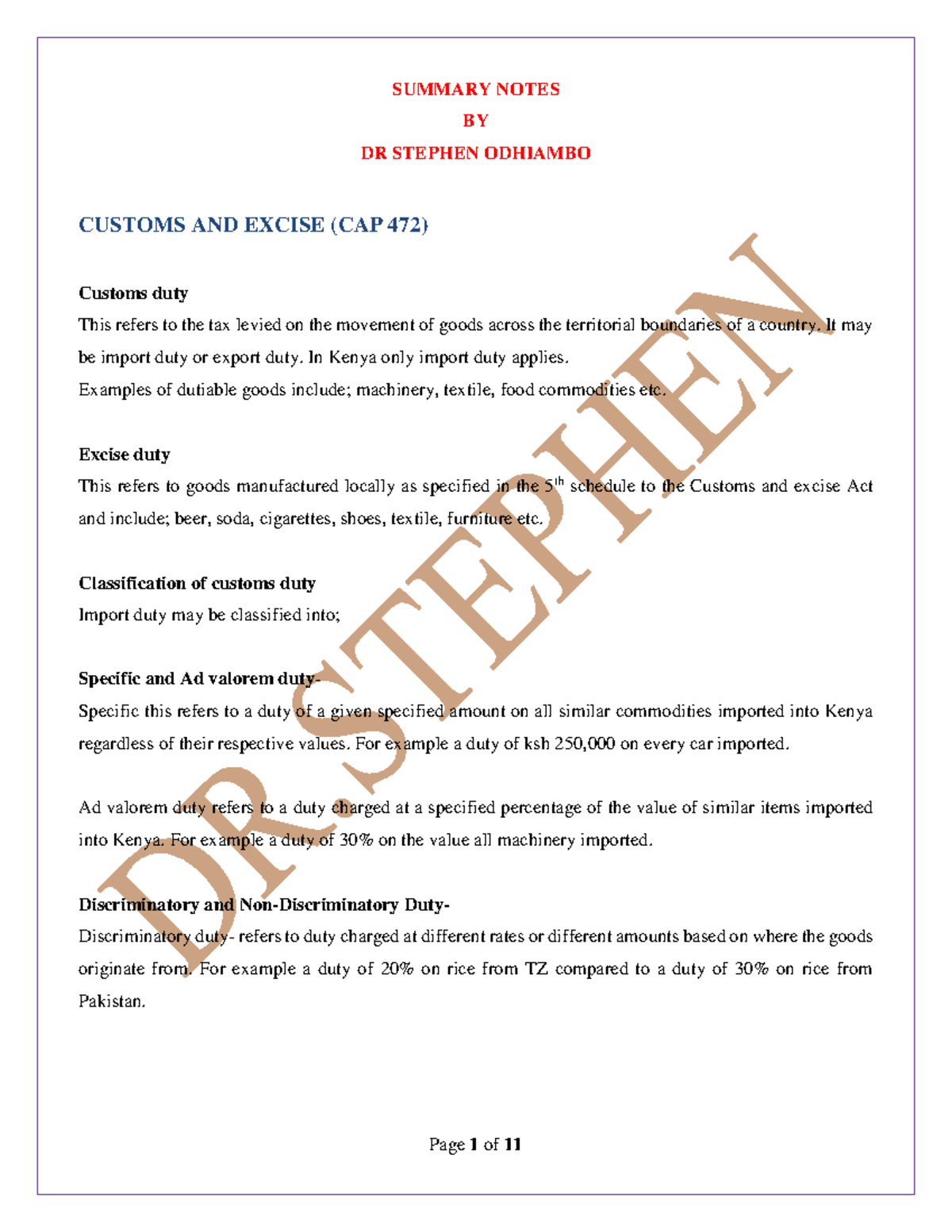 Customs AND Excise Duty in advanced taxation - SUMMARY NOTES BY DR ...