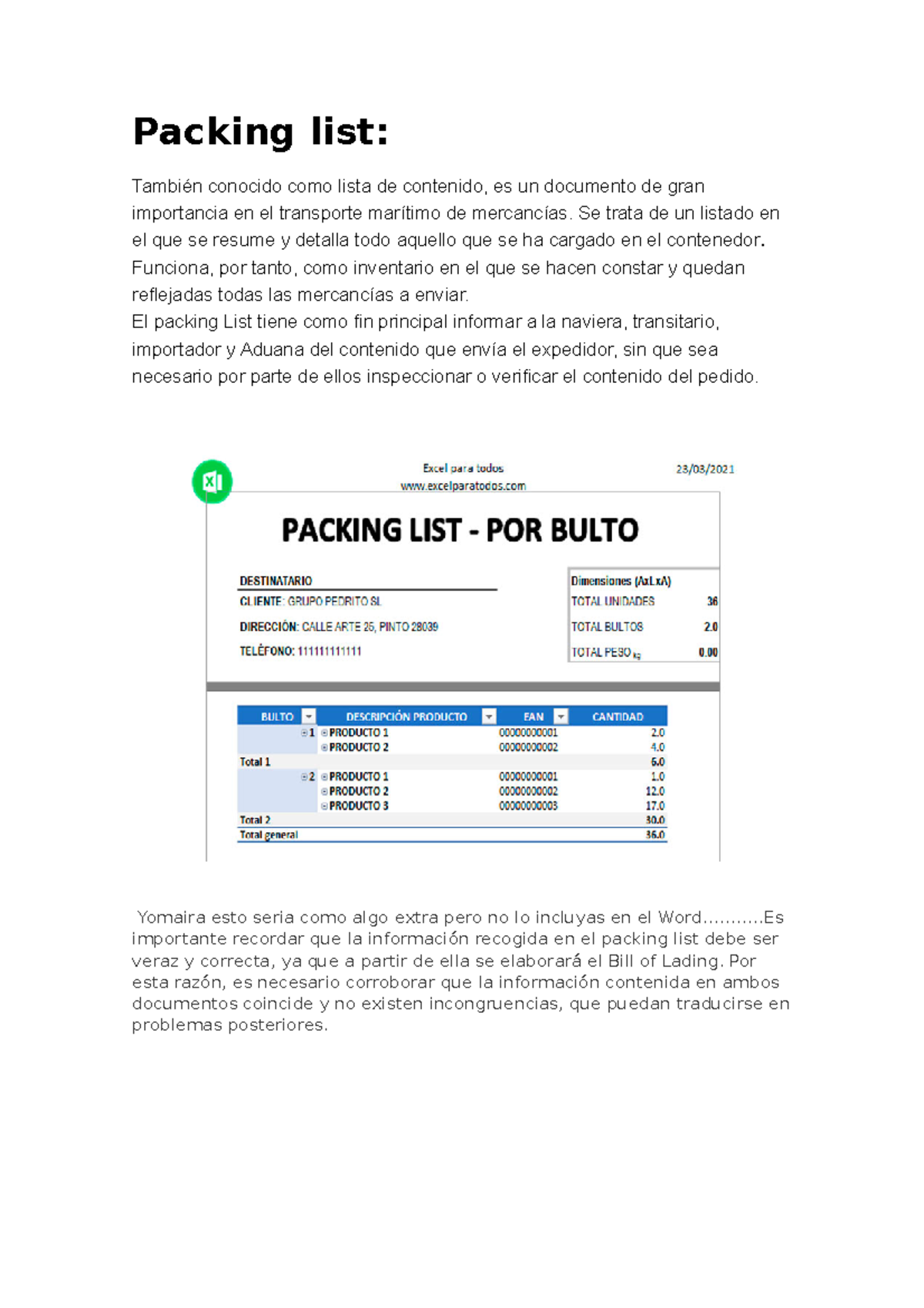 Maritimo docume - practica terminada - Packing list: También conocido ...