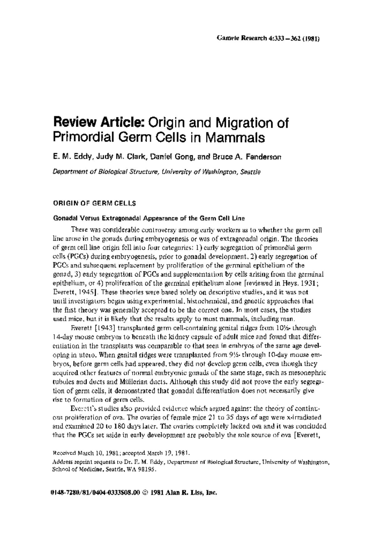 Gamete Research - 1981 - Eddy - Origin and migration of primordial germ ...