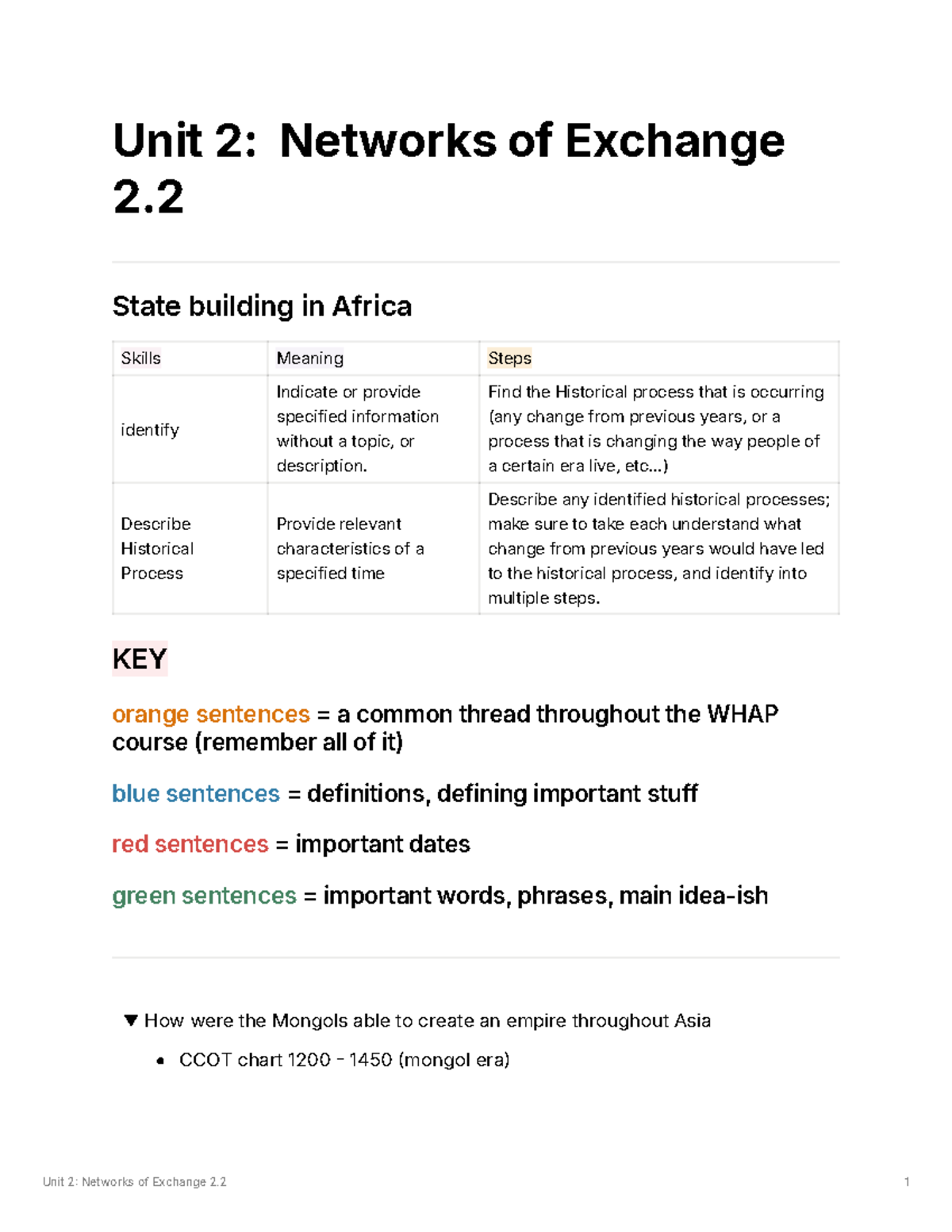 Unit 2 Networks of Exchange - Brief table overview - Unit 2 Networks of ...