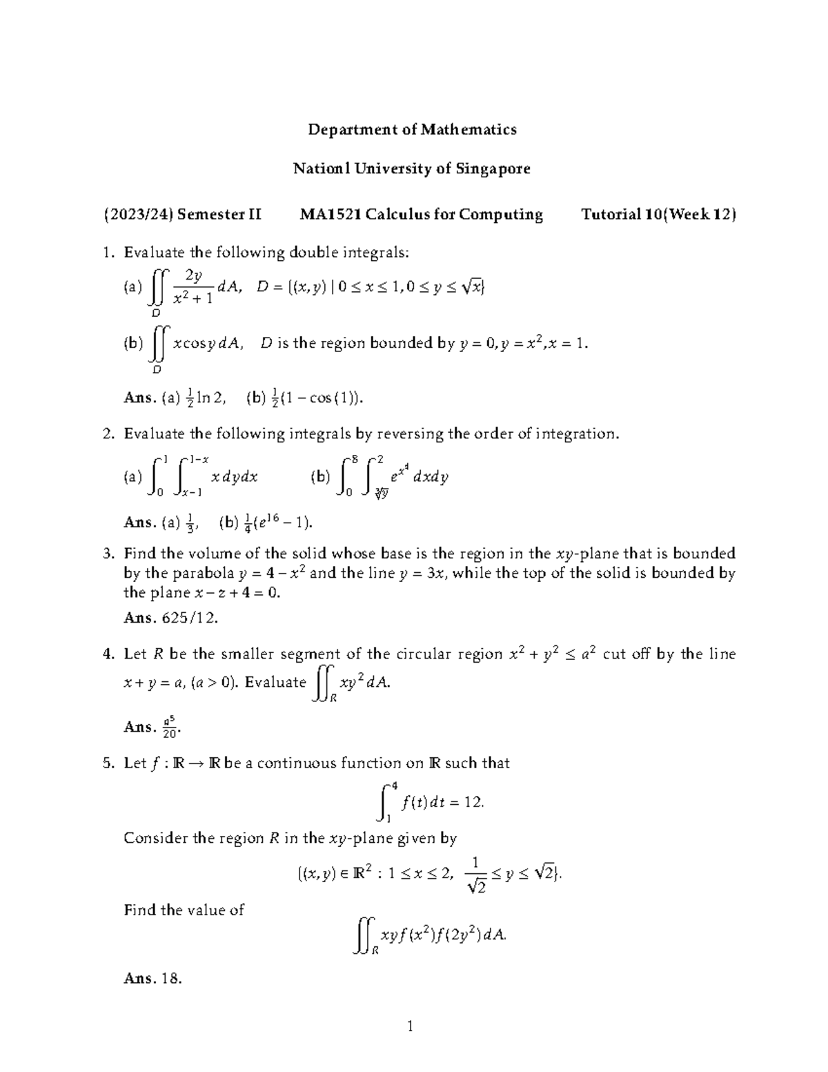 MA1521 Tutorial 10 - Department of Mathematics Nationl University of Singapore (2023/24 ...