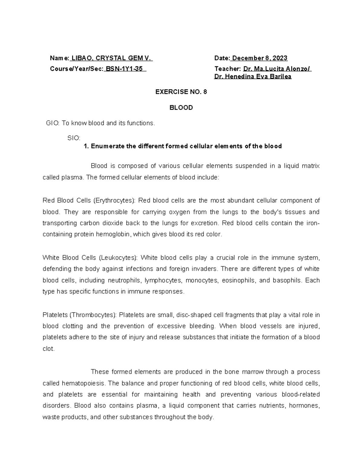 LAB Exercise Blood - Name: LIBAO, CRYSTAL GEM V. Date: December 8, 2023 Course/Year/Sec: BSN-1Y1 ...