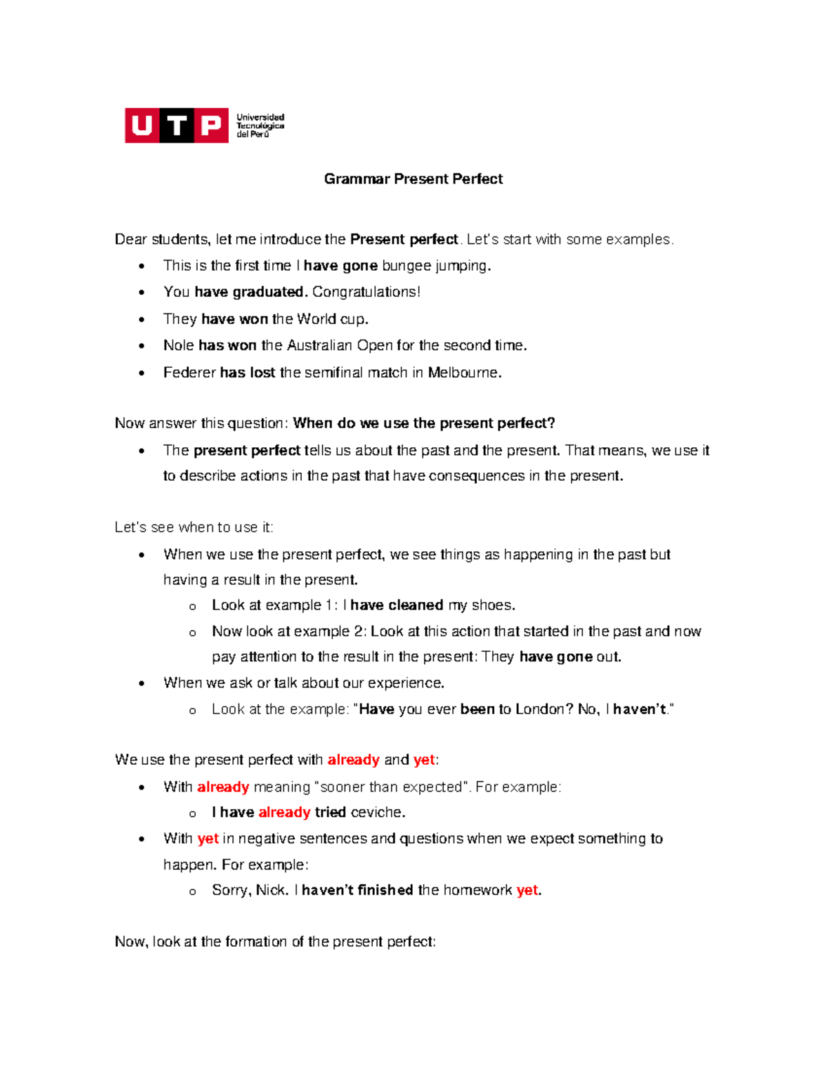 Week 6 - Script - Grammar present perfect - Grammar Present Perfect ...