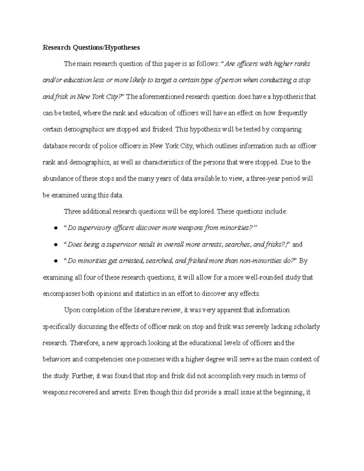 Capstone Methods Section - Research Questions/Hypotheses The main ...