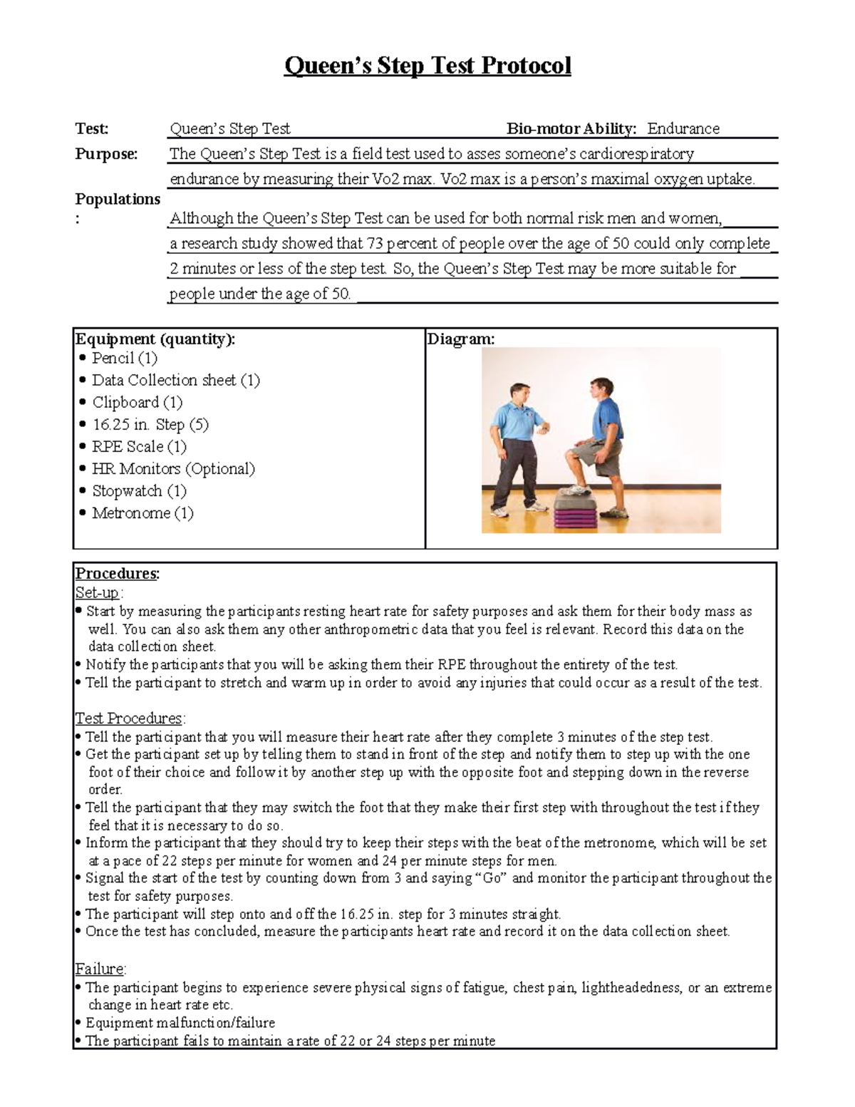Step Test Protocol - Queen’s Step Test Protocol Test: Queen’s Step Test ...