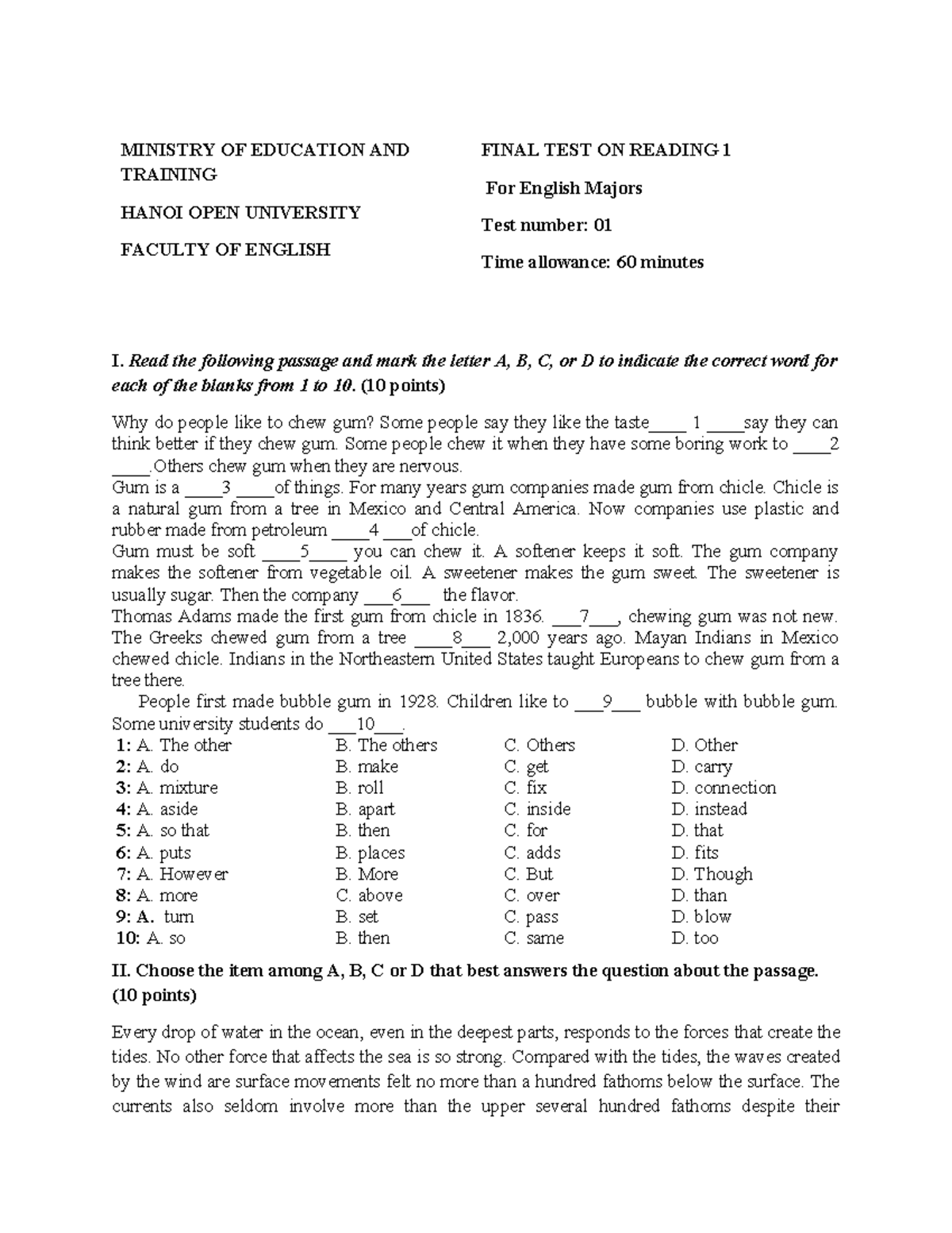 Reading TEST..NO1 - Test - MINISTRY OF EDUCATION AND TRAINING HANOI ...
