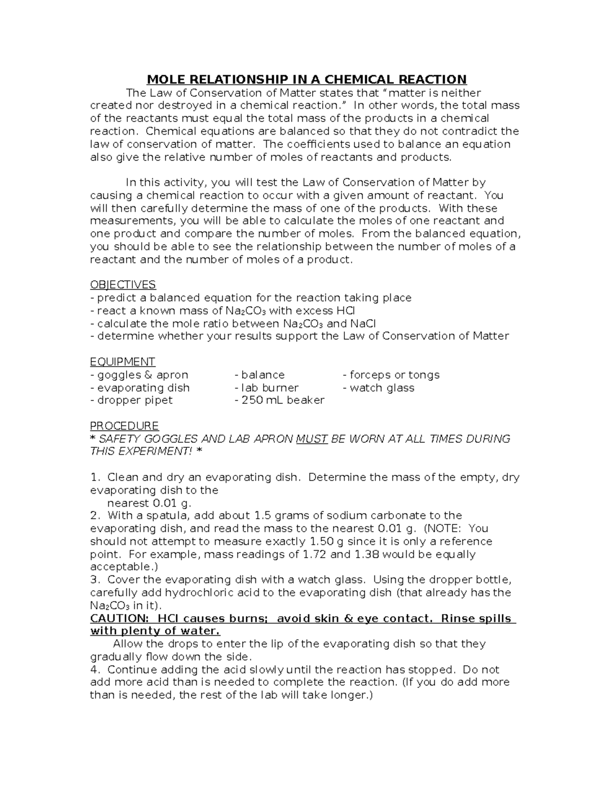 Mole Lab - Chemistry mole worksheet, practice - MOLE RELATIONSHIP IN A ...