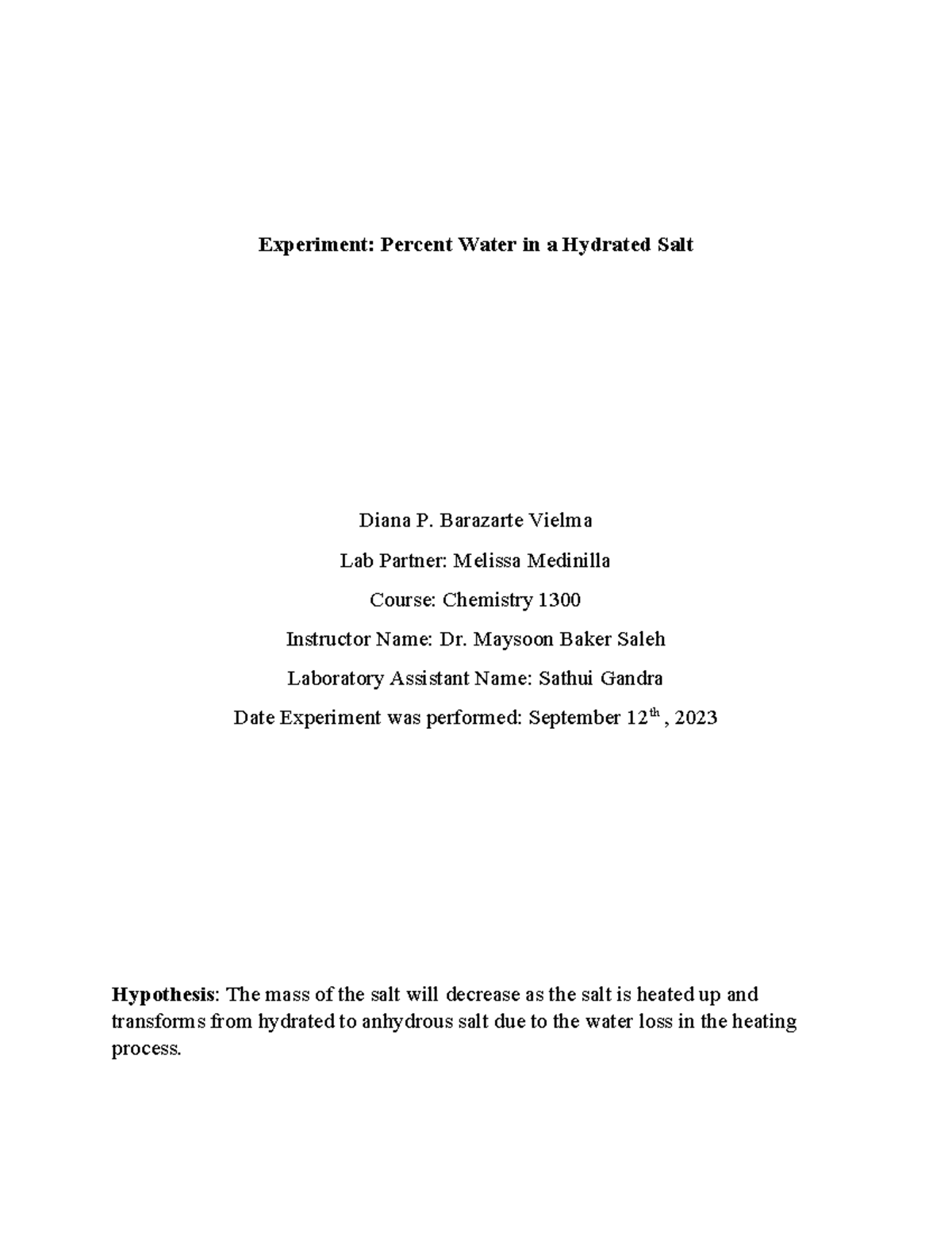 Percent water in a hydrated salt - results only report - Experiment ...