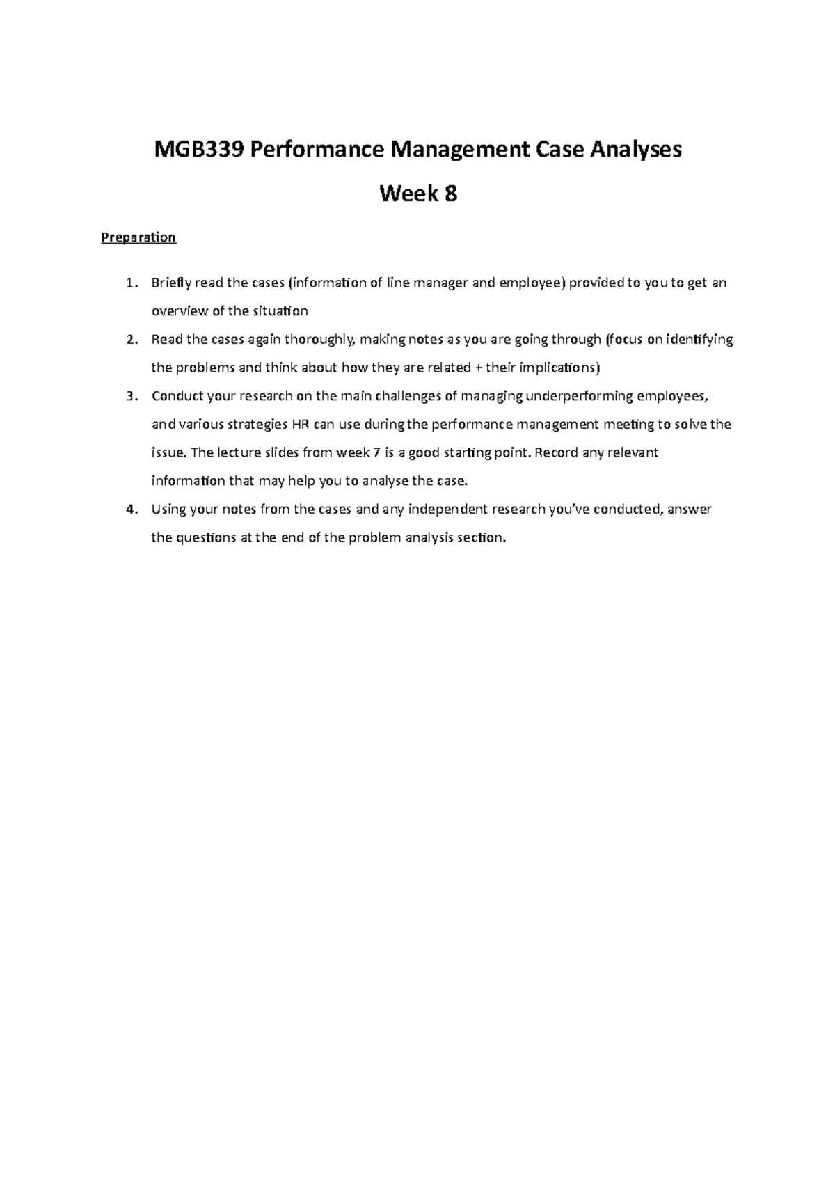 MGB339 Week 8 Case Study 2 - MGB339 Performance Management Case ...