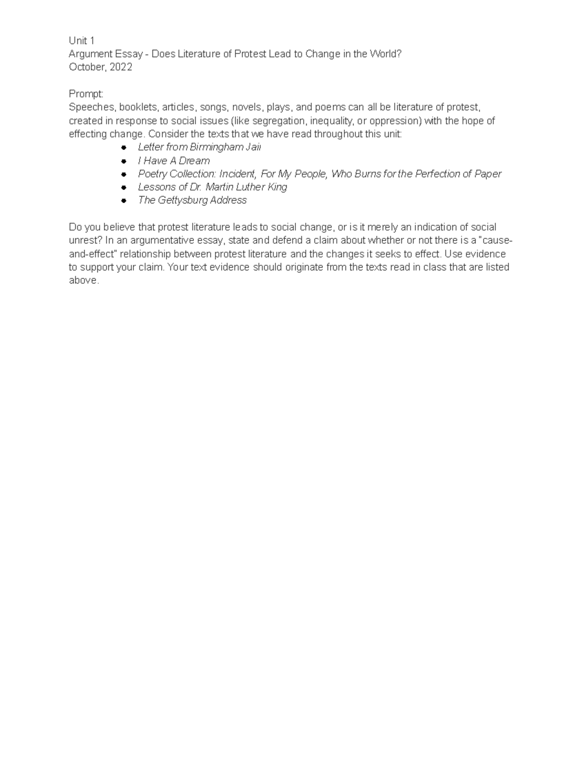 Unit1Argument Essay Literatureof Protest. 4 - Unit 1 Argument Essay ...