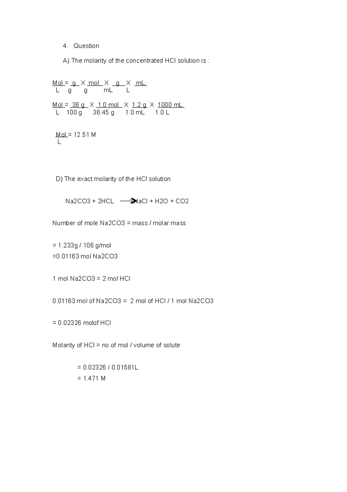 Question LAB 1 - Lab calculation - Inorganic Chemistry - Question A ...