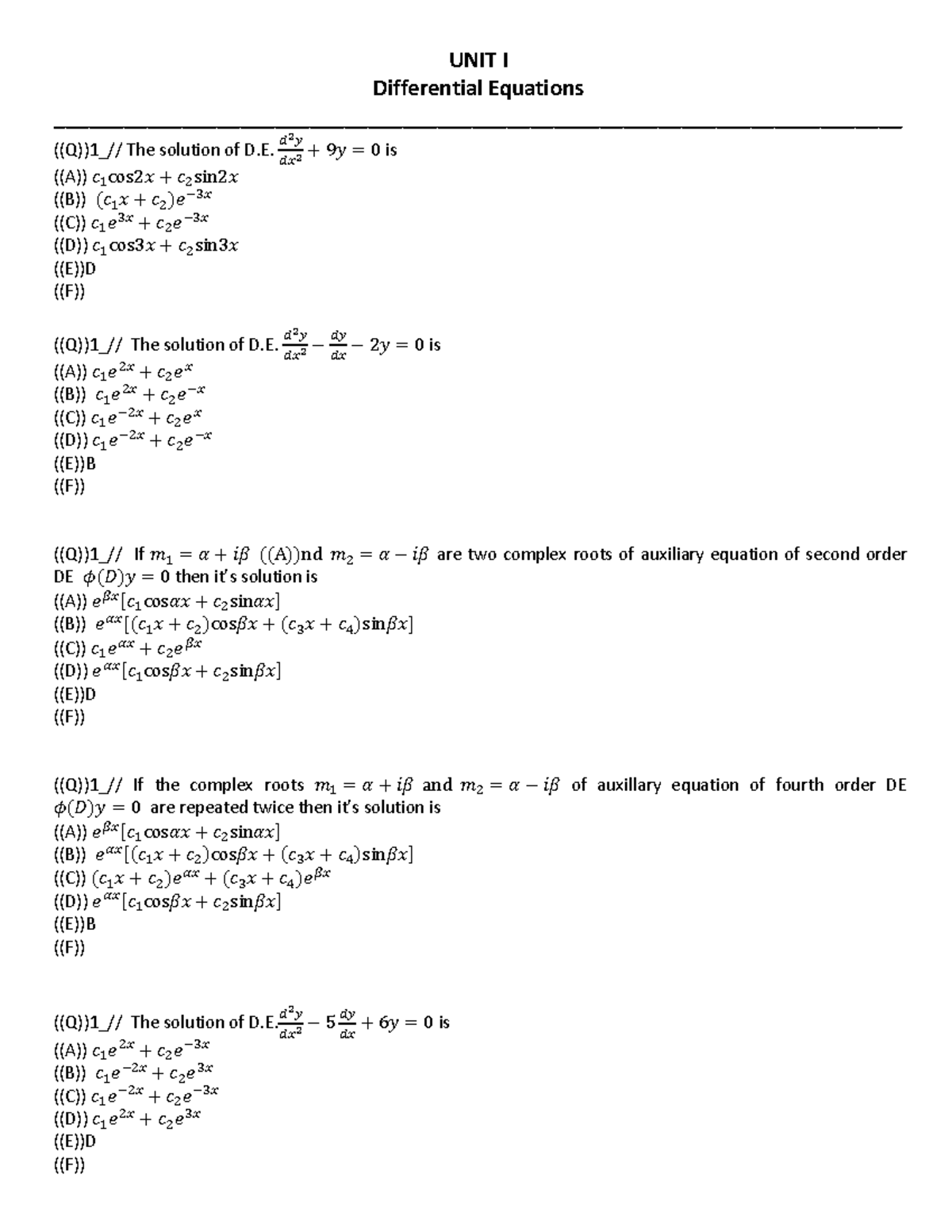 MCQ UNIT I - ELECTRICAL engineering - UNIT I Differential Equations - Studocu