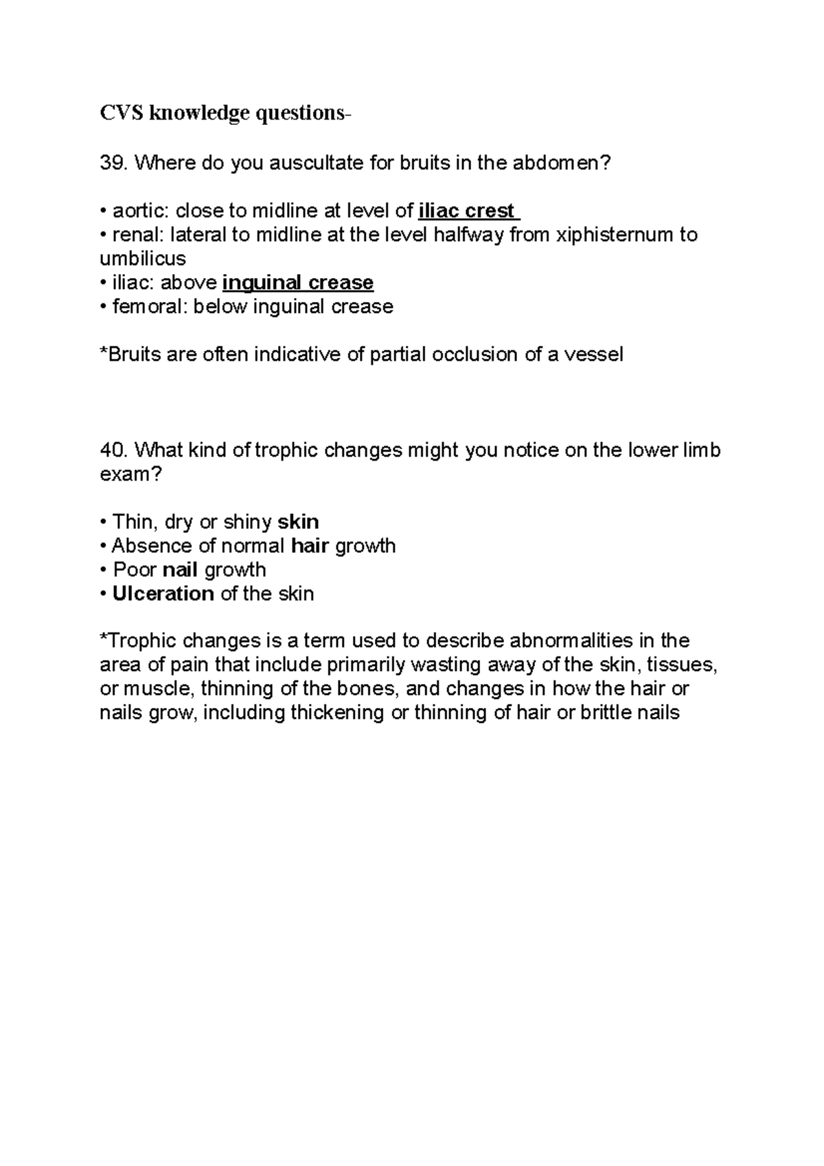 CVS knowledge questions 22 - CVS knowledge questions- Where do you auscultate for bruits in the ...