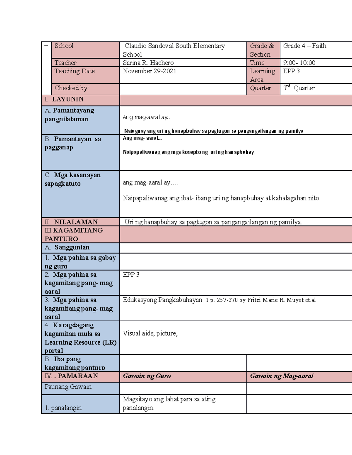 Detailed lesson plan in EPP - School Claudio Sandoval South Elementary ...