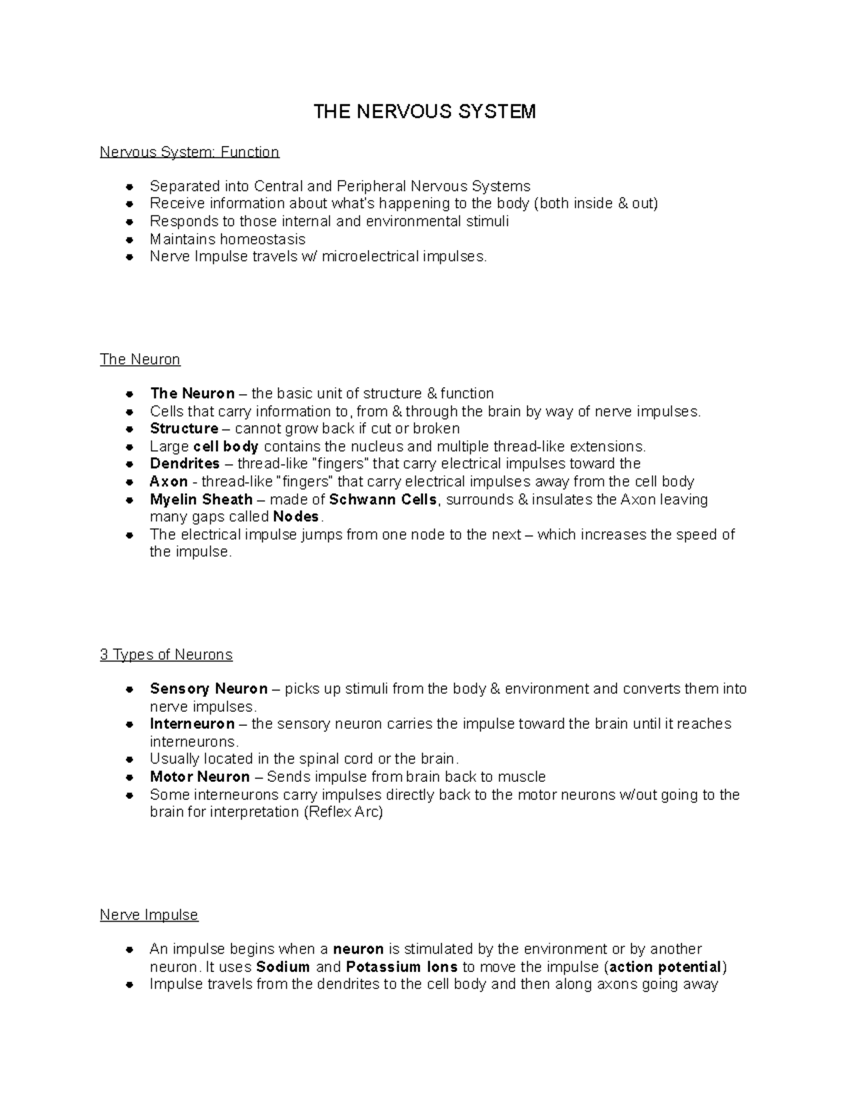 Life Science Notes 19 Part 1 The Nervous System - THE NERVOUS SYSTEM ...