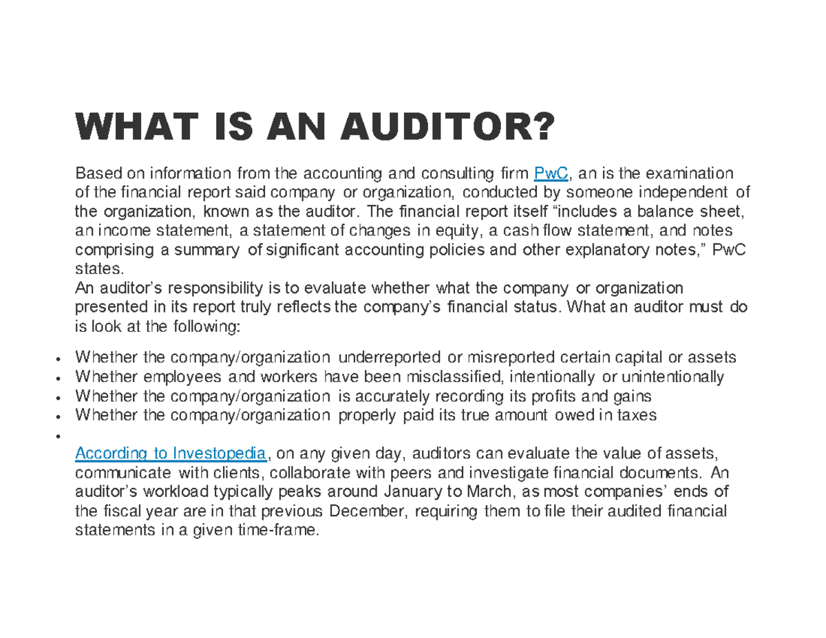 WHAT IS AN Auditor - Although accounting and accountancy are often used ...