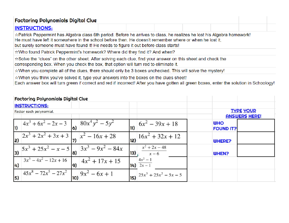 Copy of Copy of Algebra-1 (23-24) Factoring Polynomials Digital Clue ...