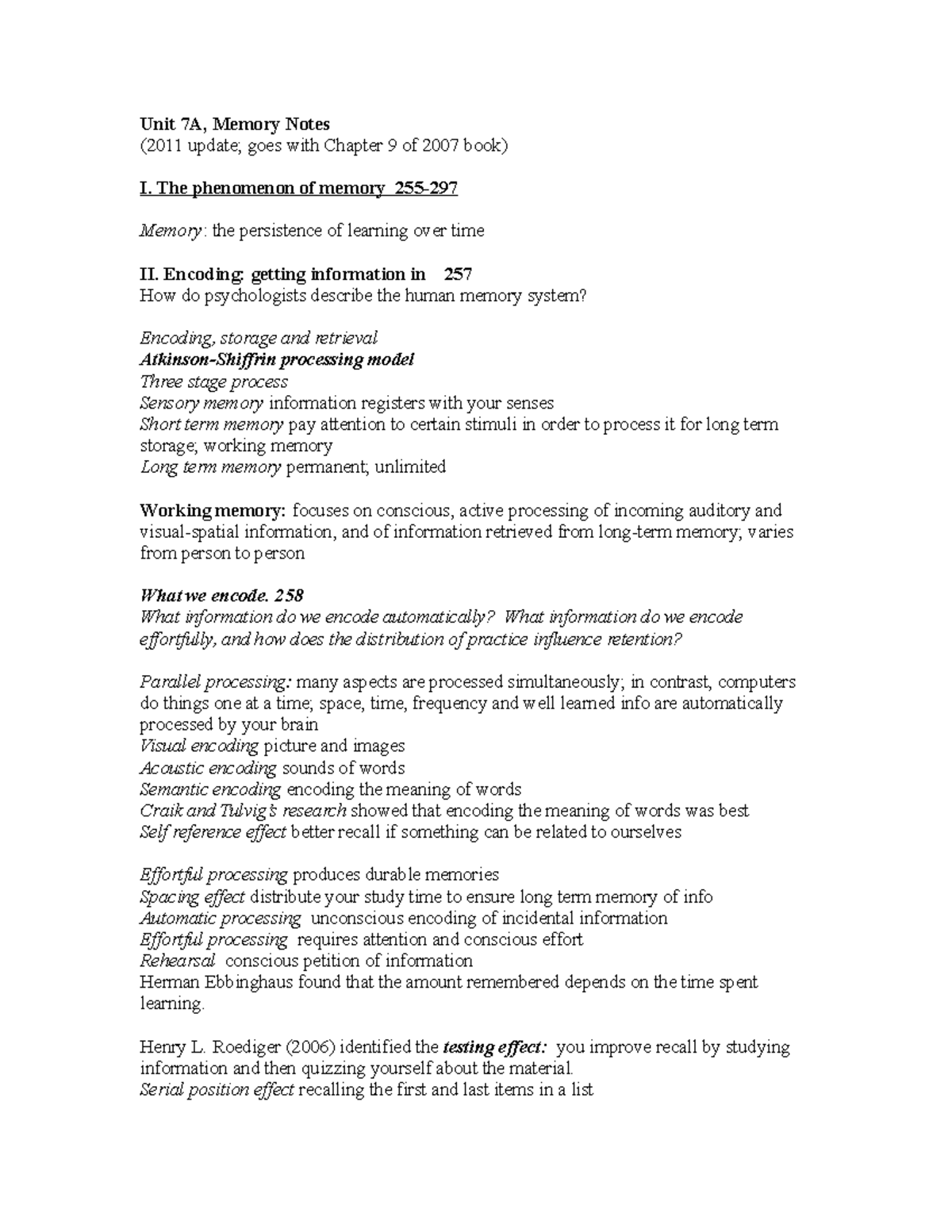 Chapter 9 Notes - Unit 7A, Memory Notes (2011 update; goes with Chapter ...