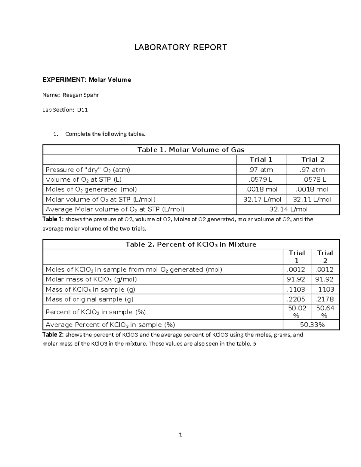 Exp 13 Molar Volume Calculations - LABORATORY REPORT EXPERIMENT: Molar ...
