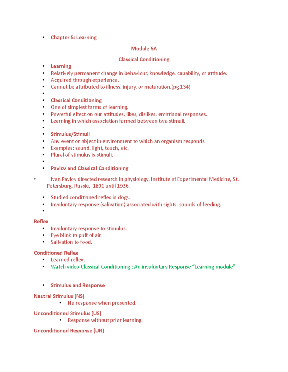 Chapter 5 "Learning" Psychology Notes - • Chapter 5: Learning Module 5A ...